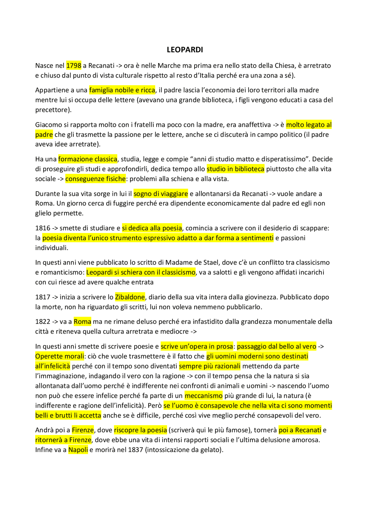 Leopardi Vita E Opere Docsity