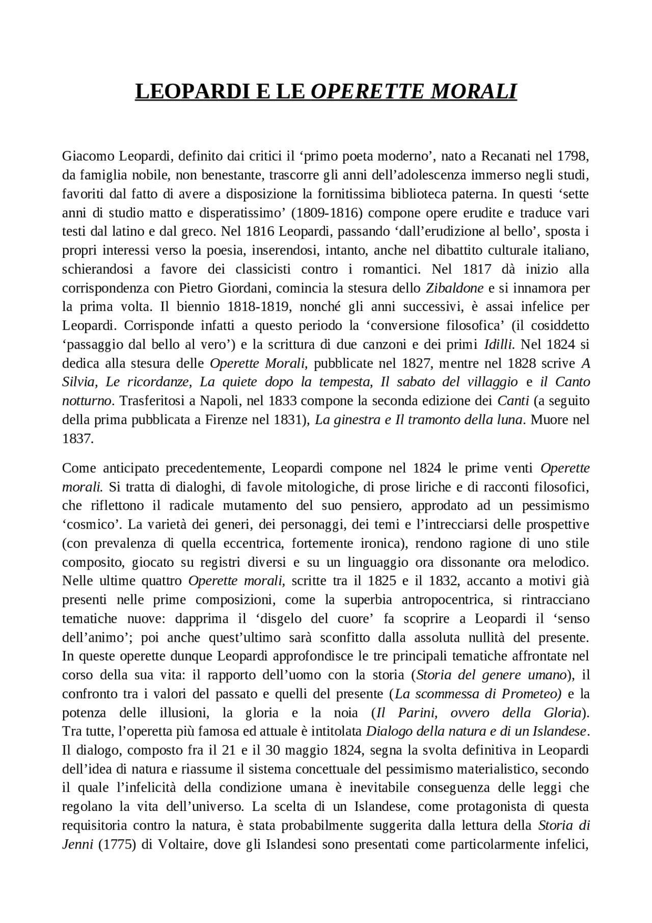 Leopardi E Le Operette Morali Docsity