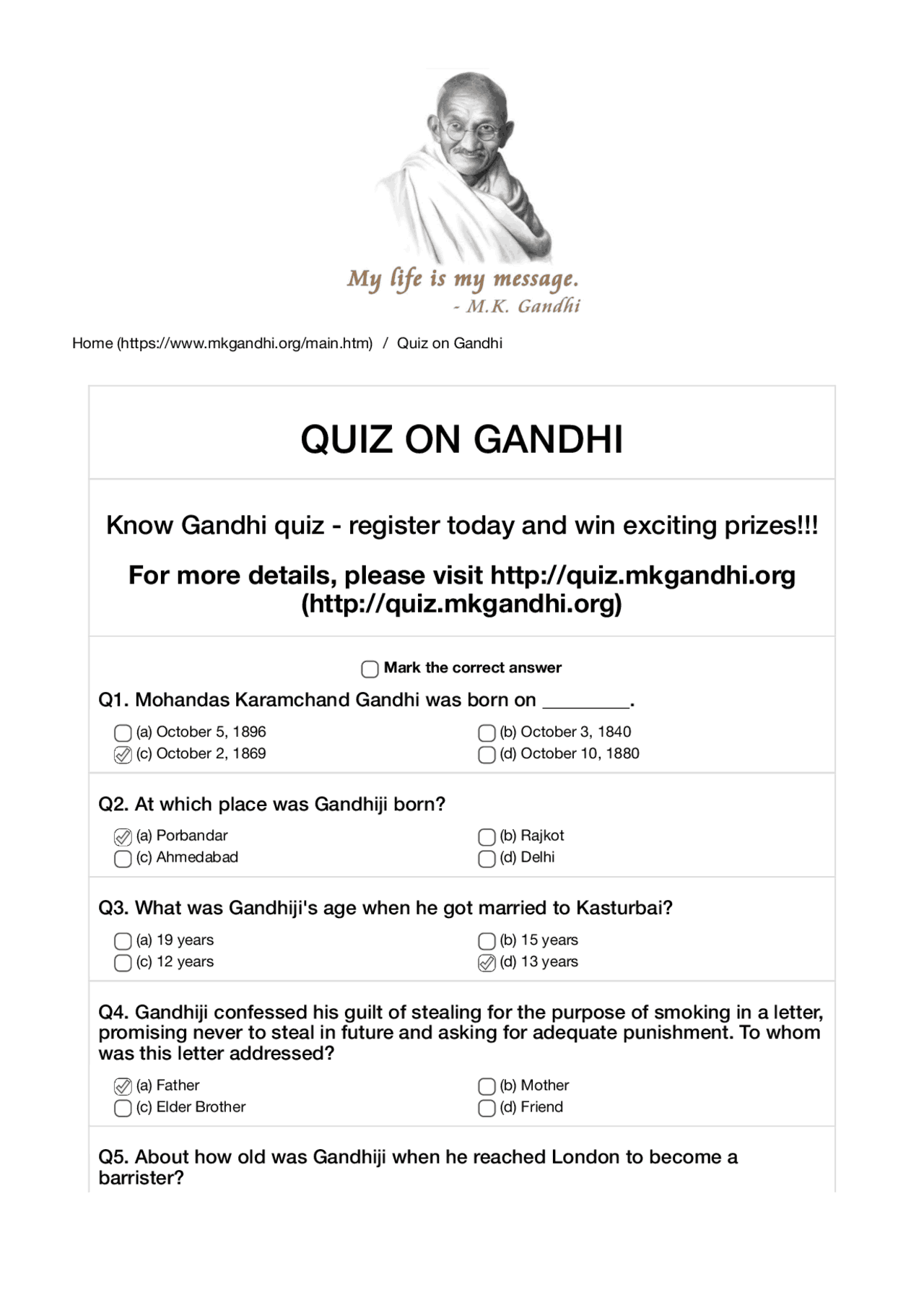 Mahatma Gandhi Quiz related to his life - Docsity