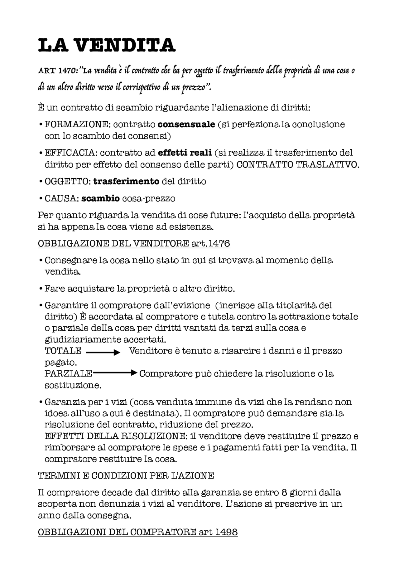 La Vendita E I Contratti Di Compravendita Docsity