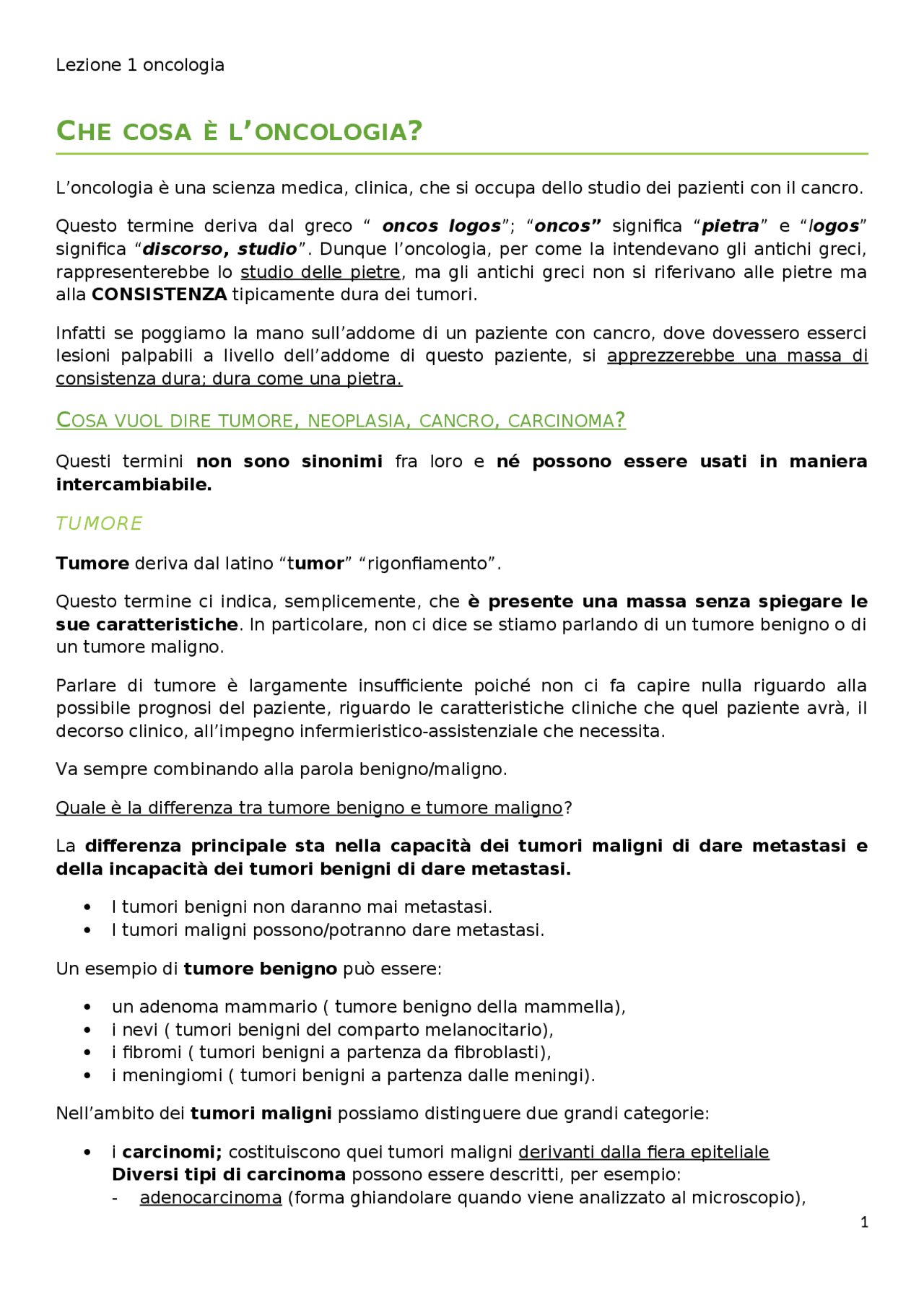 Oncologia 1 Scienze Infermieristiche Docsity
