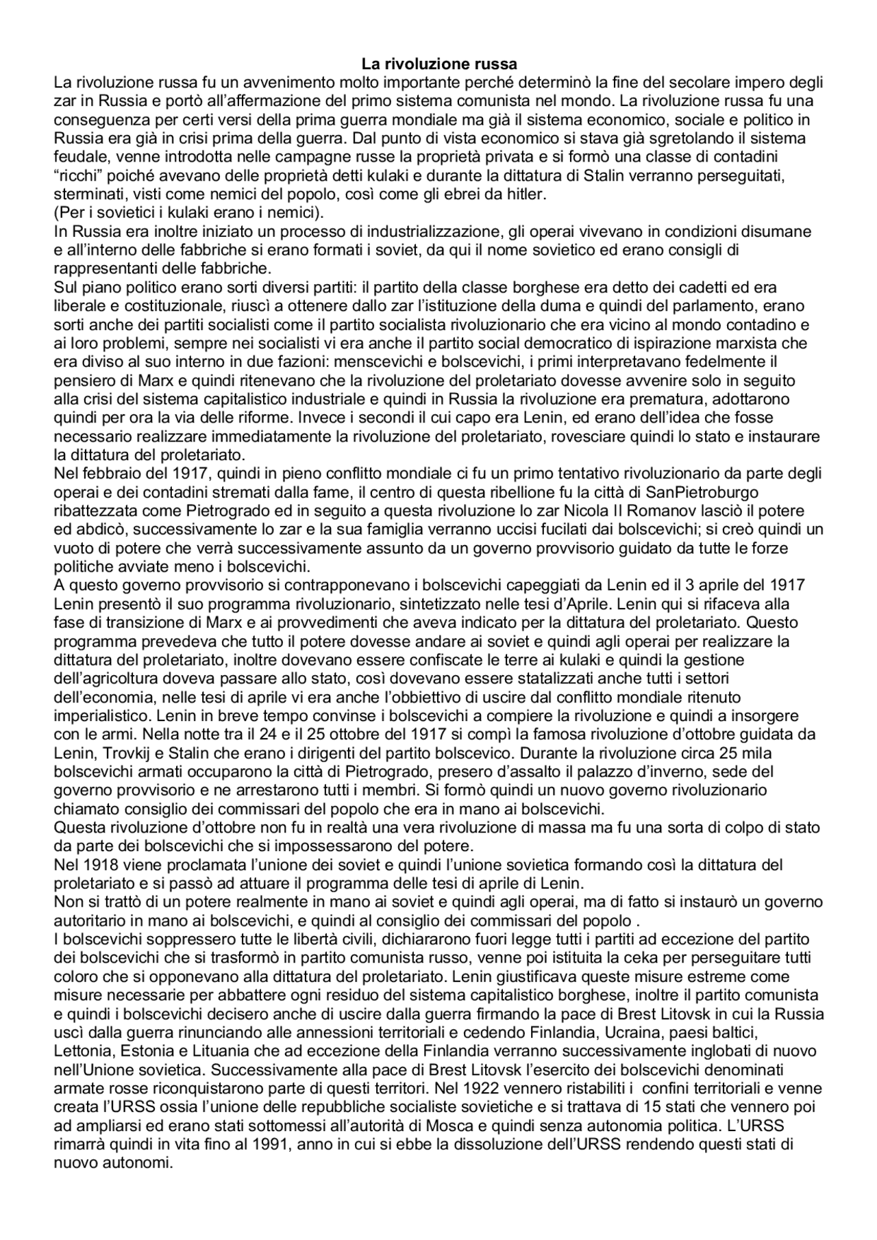 Rivoluzione russa e Fascismo - Docsity