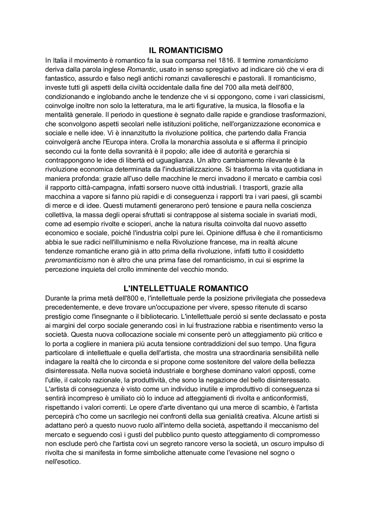 Il romanticismo - Docsity