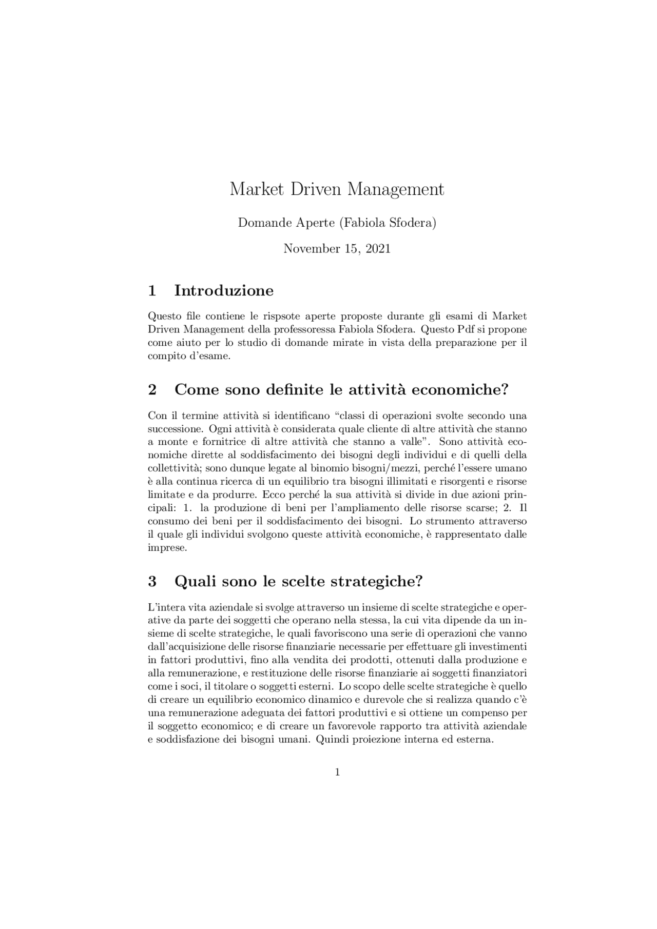 Market Driven Management - Domande Risposte Aperte (Fabiola Sfodera) - Docsity
