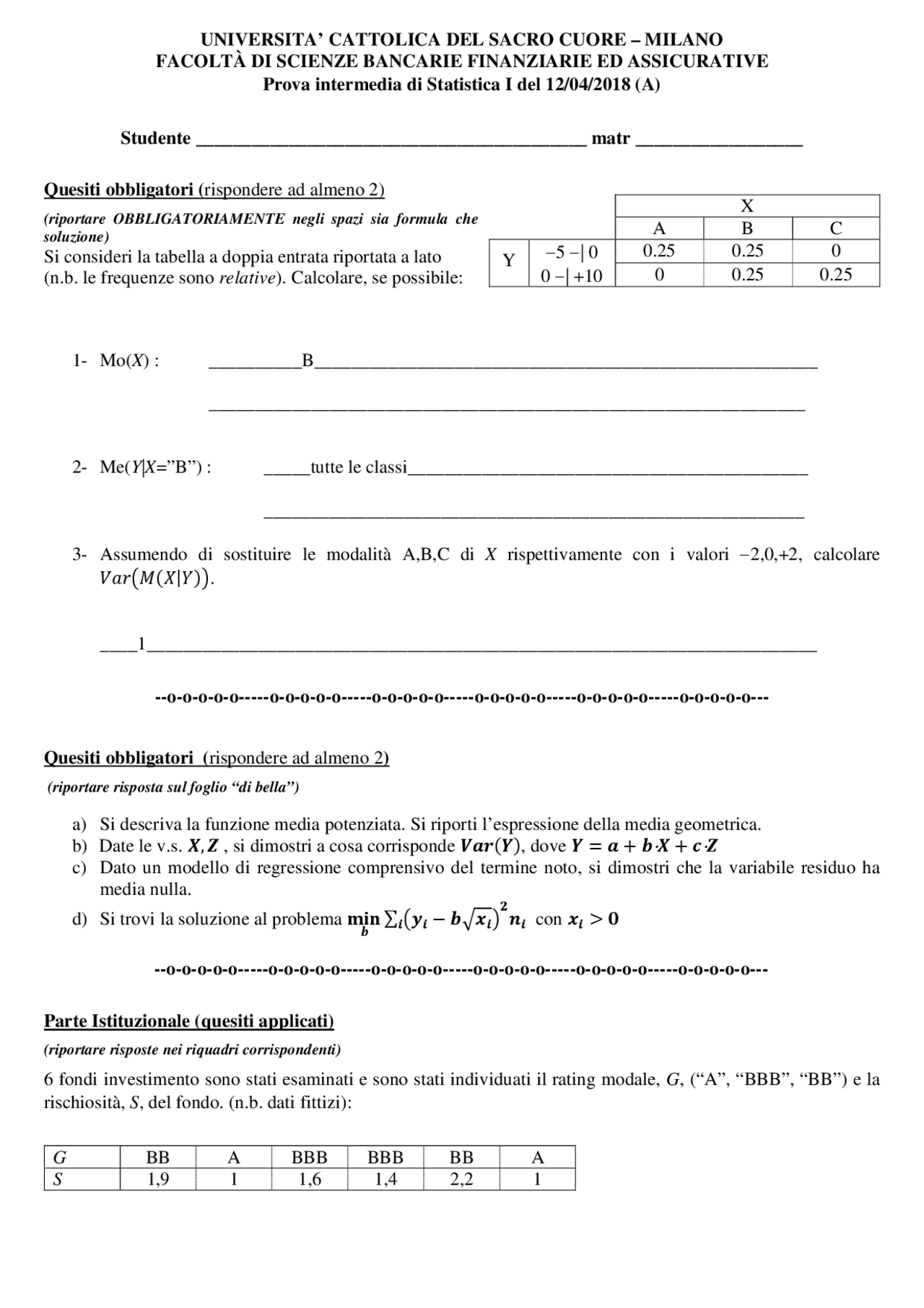 Prove d'esame Statistica I - Docsity
