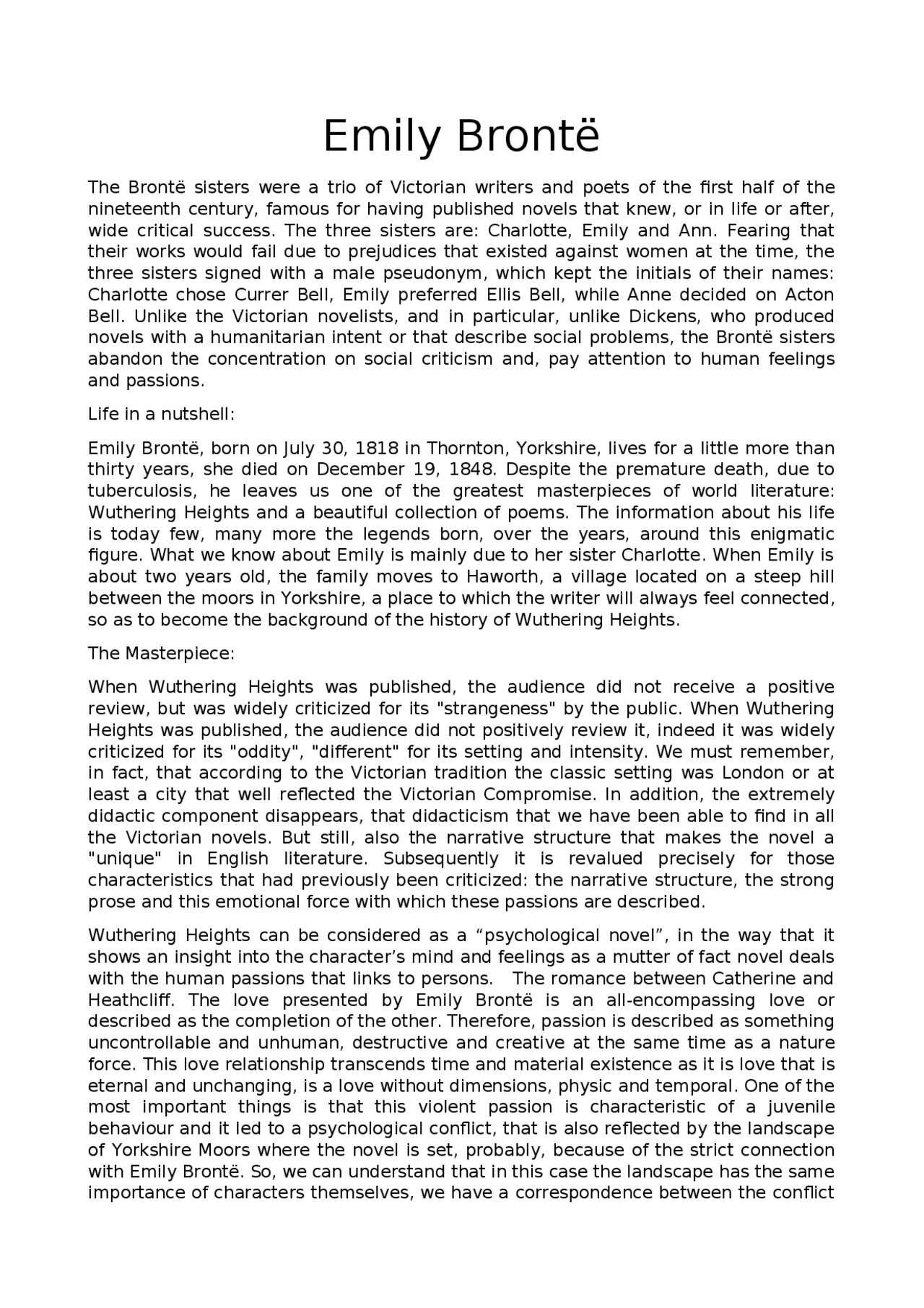 Emily Bronte and Wuthering Heights - Docsity