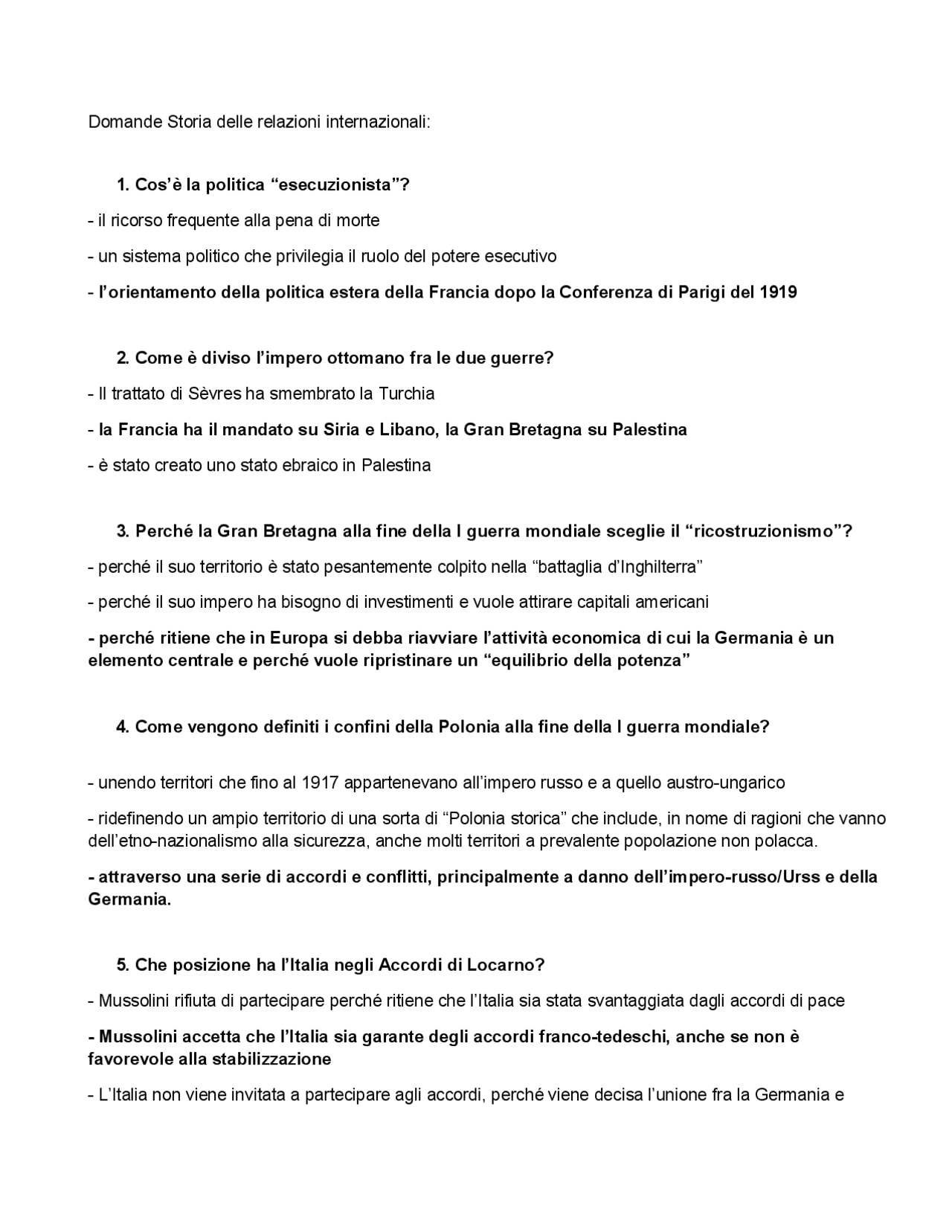 Domande E Risposte Esame Prove Desame Di Storia Delle Relazioni