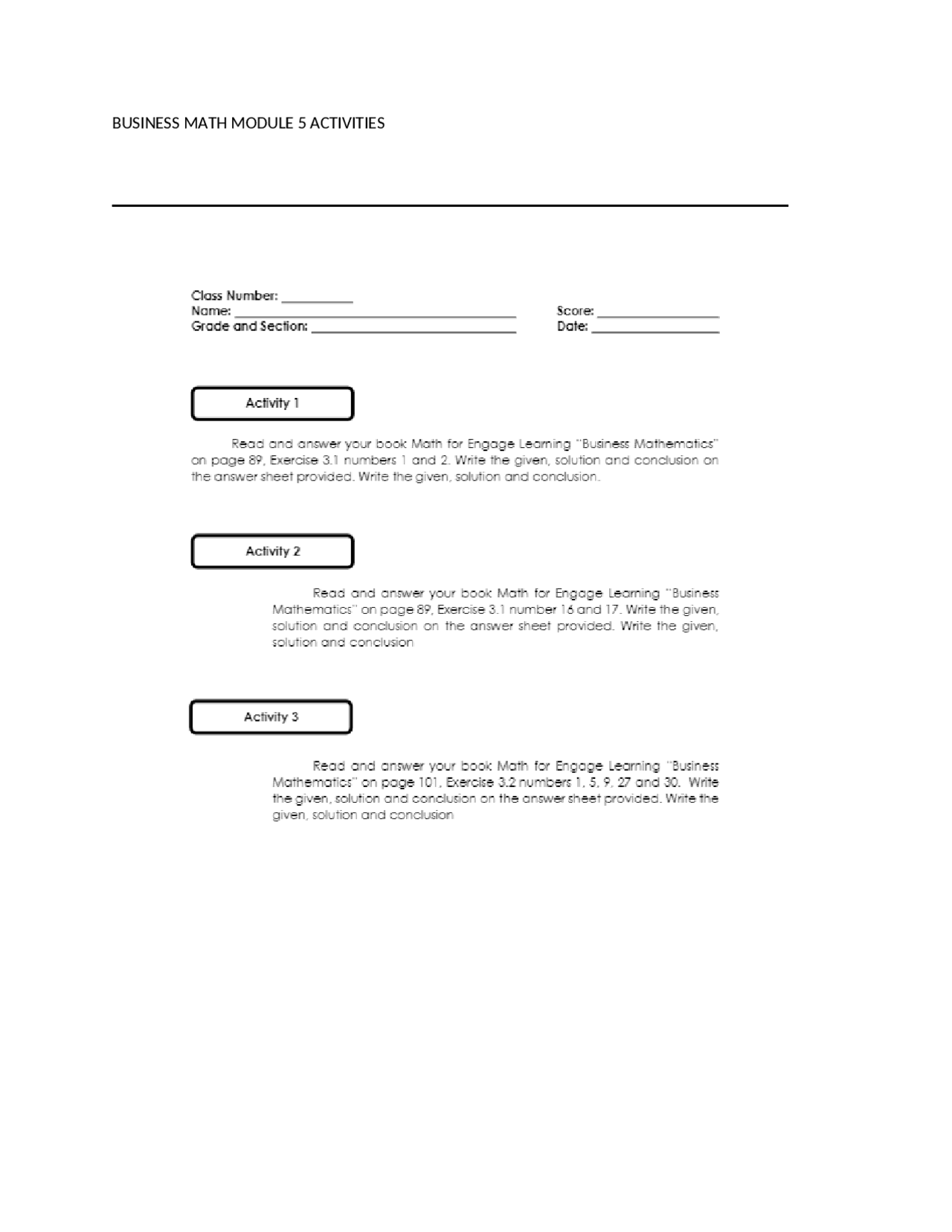 BUSINESS MATH MODULE 5 ACTIVITIES | Cheat Sheet Business | Docsity