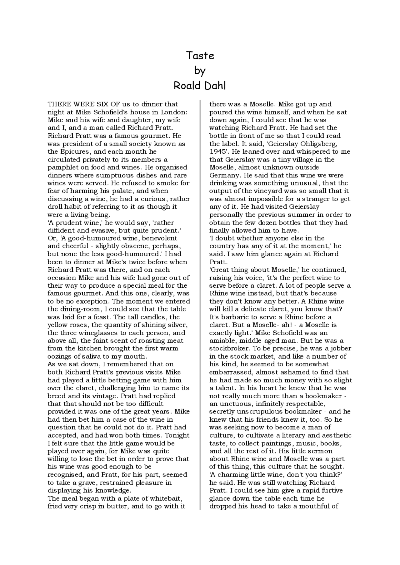 Story ,,Taste,, By Roald Dahl. | Rezime' predlog Engleski jezik - Docsity