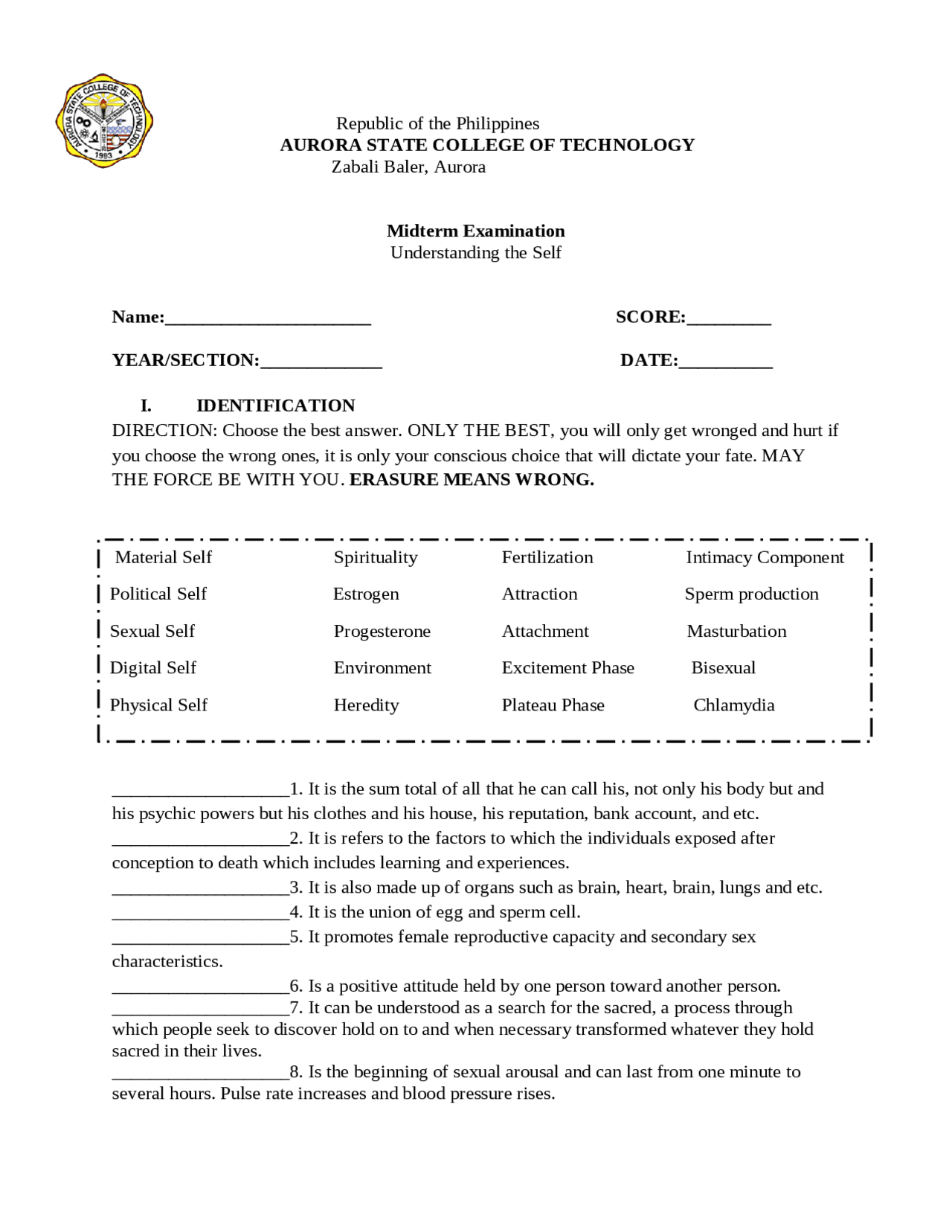 Exam in Understanding the self, General Education1 | Exams Psychology ...