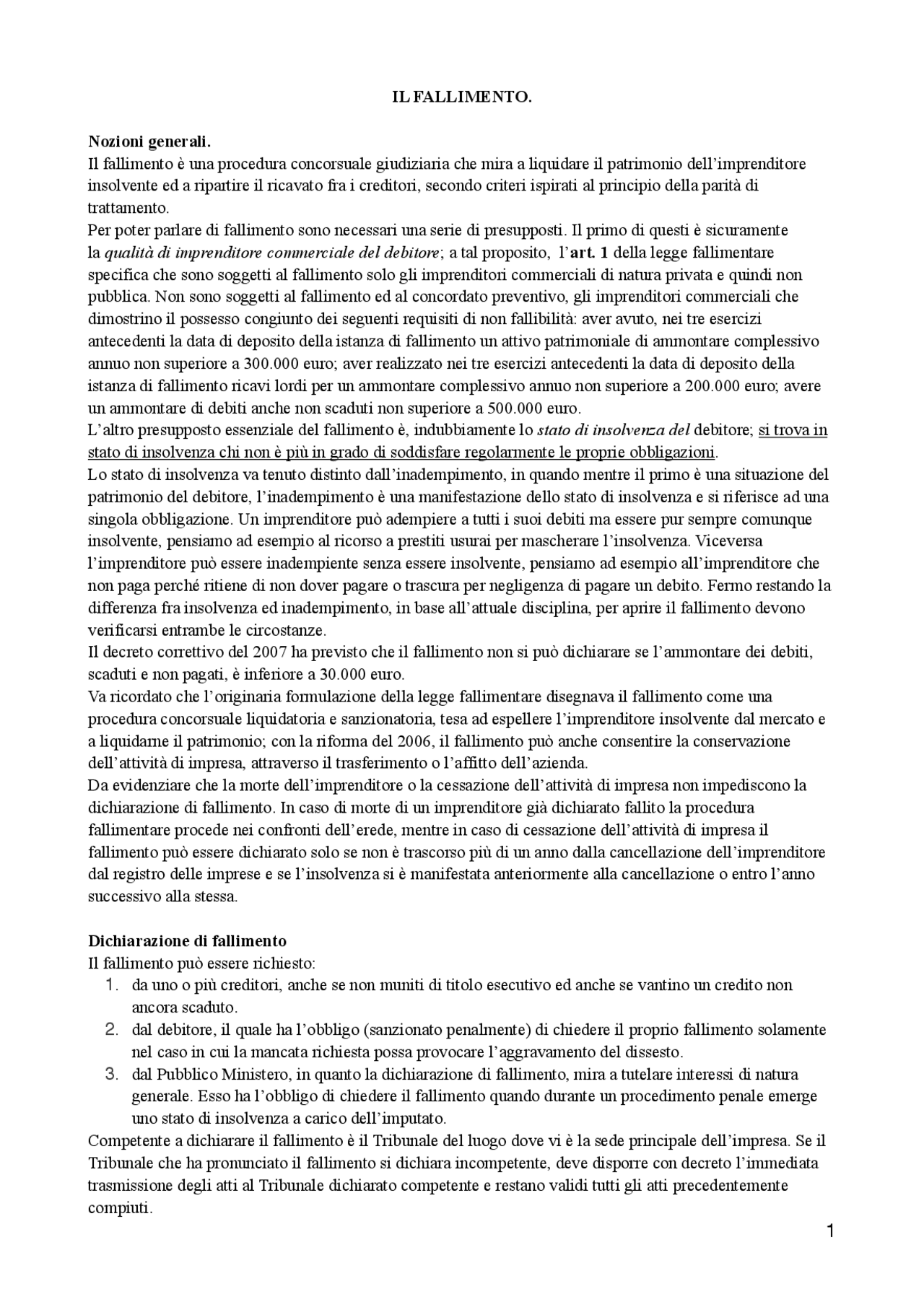 Riassunto Sul Fallimento Docsity