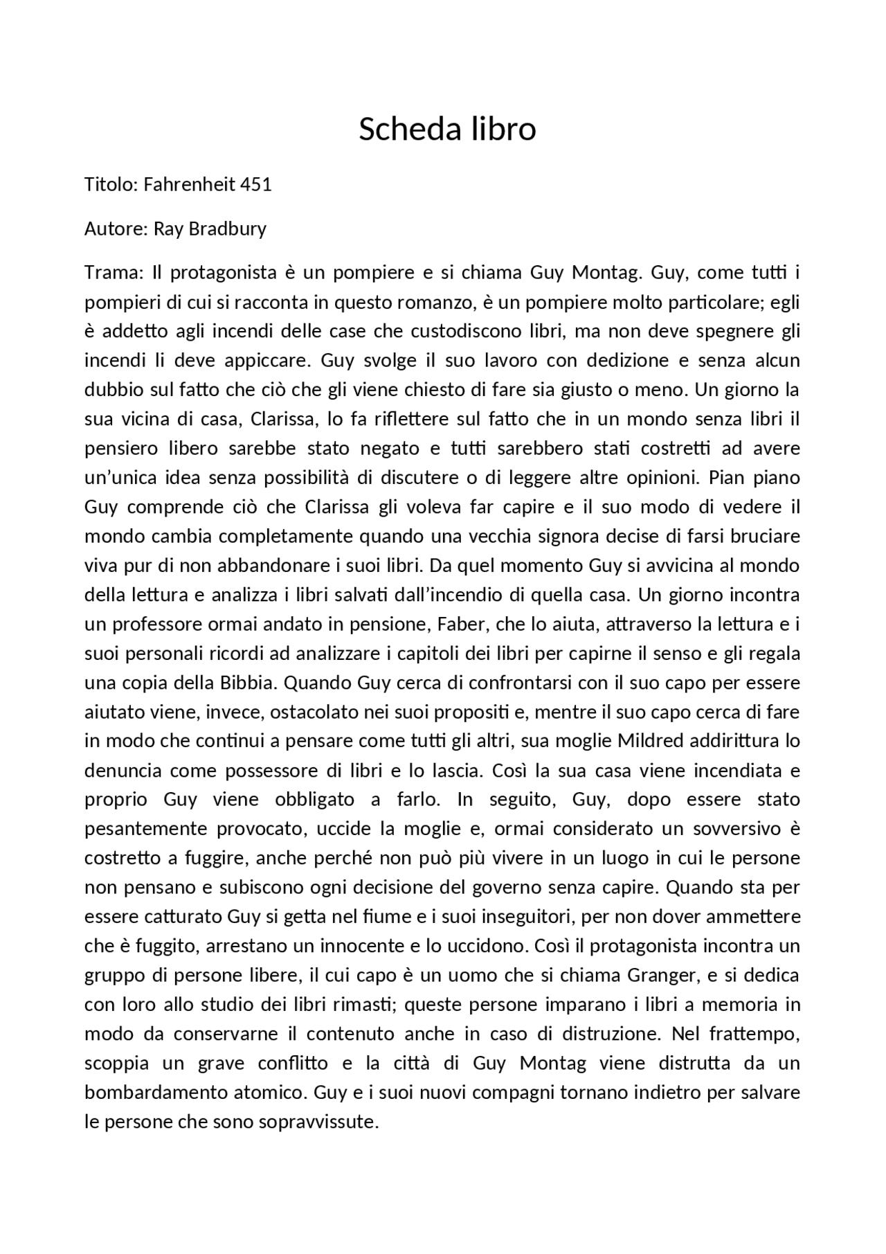 Riassunto e commento del libro Fahrenheit 451 Ray Bradbury - Docsity