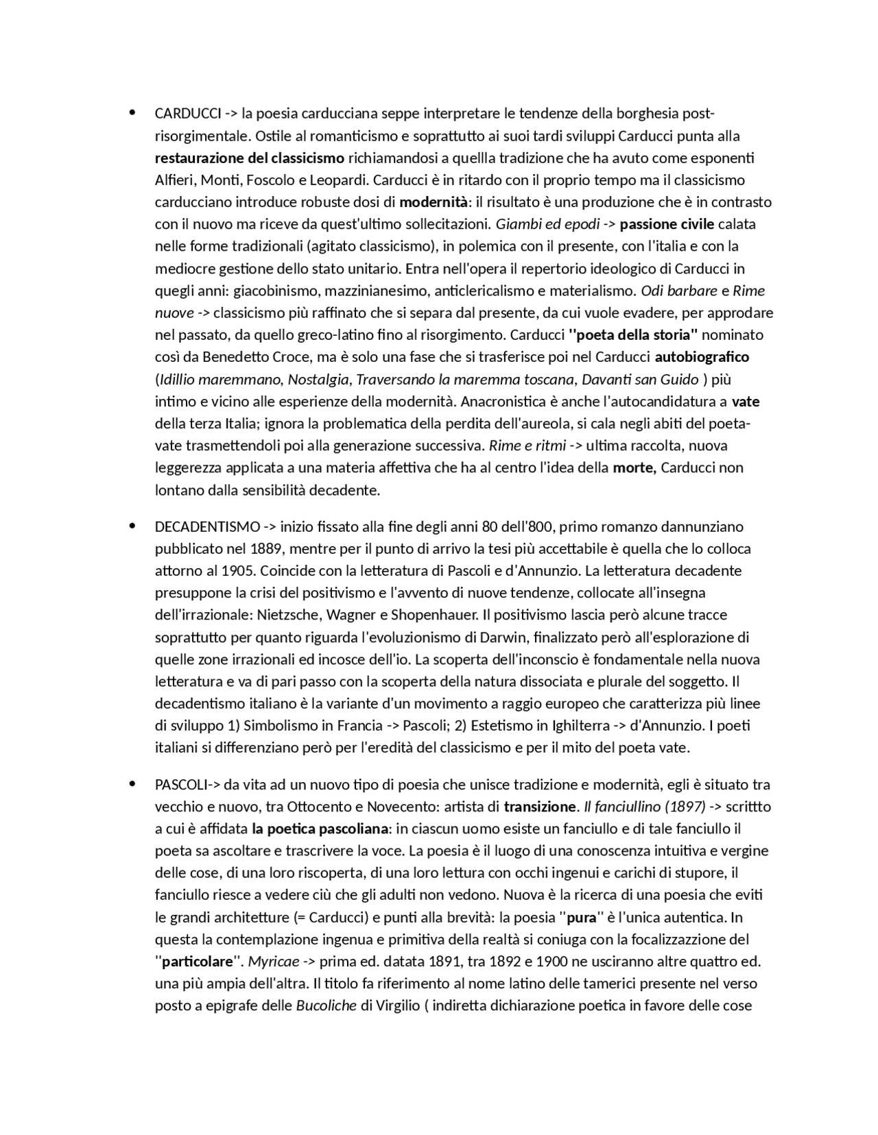 Manuale Di Italianistica Riassunti Su Carducci Pascoli E Dannunzio