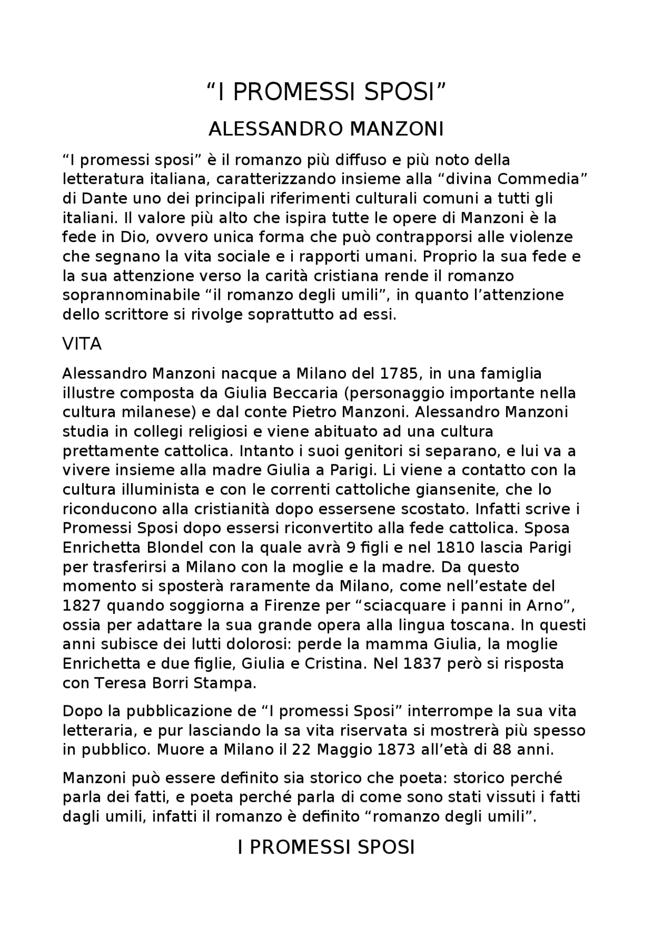 Riassunto Generale Promessi Sposi Docsity