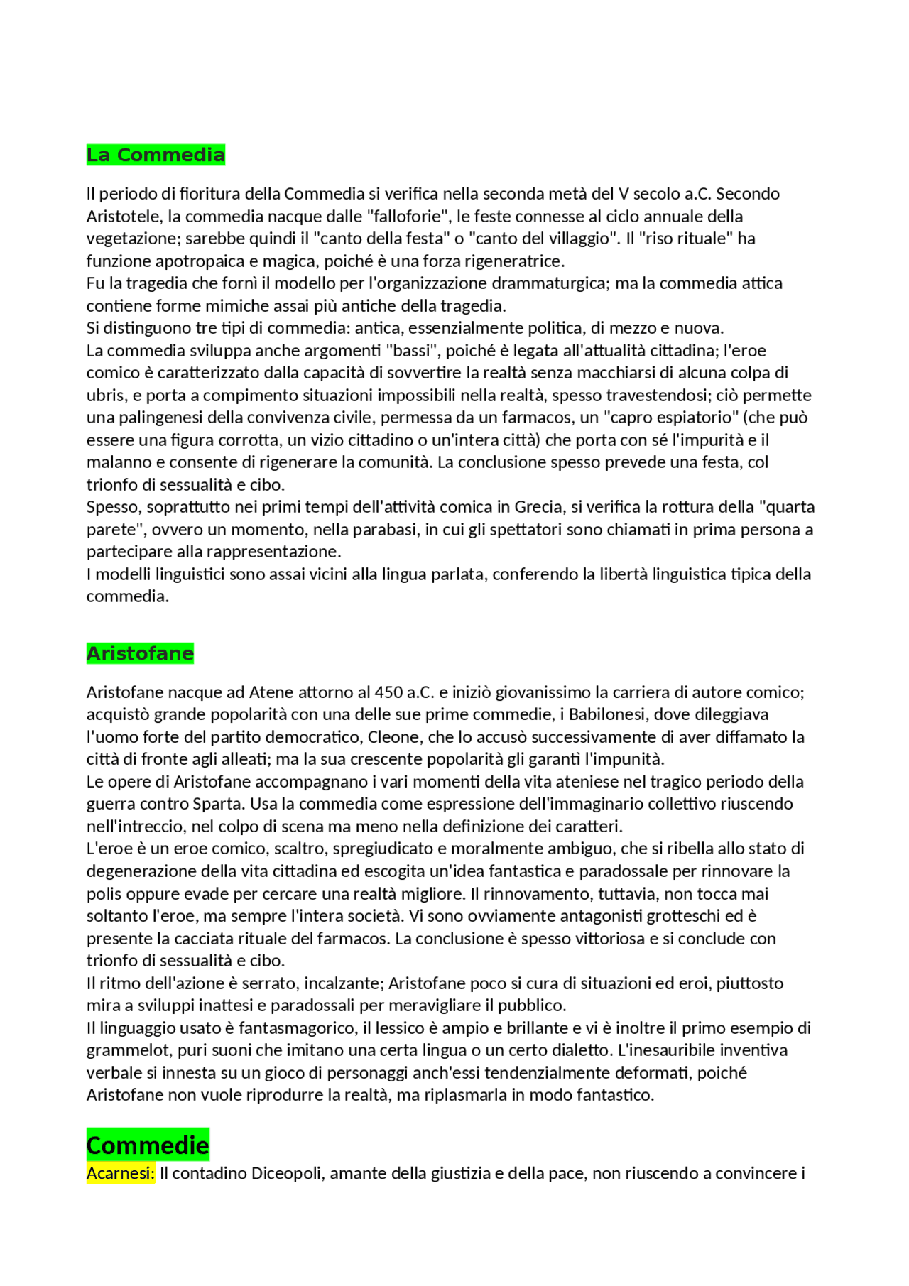 La Commedia E Aristofane Appunti Di Greco Docsity