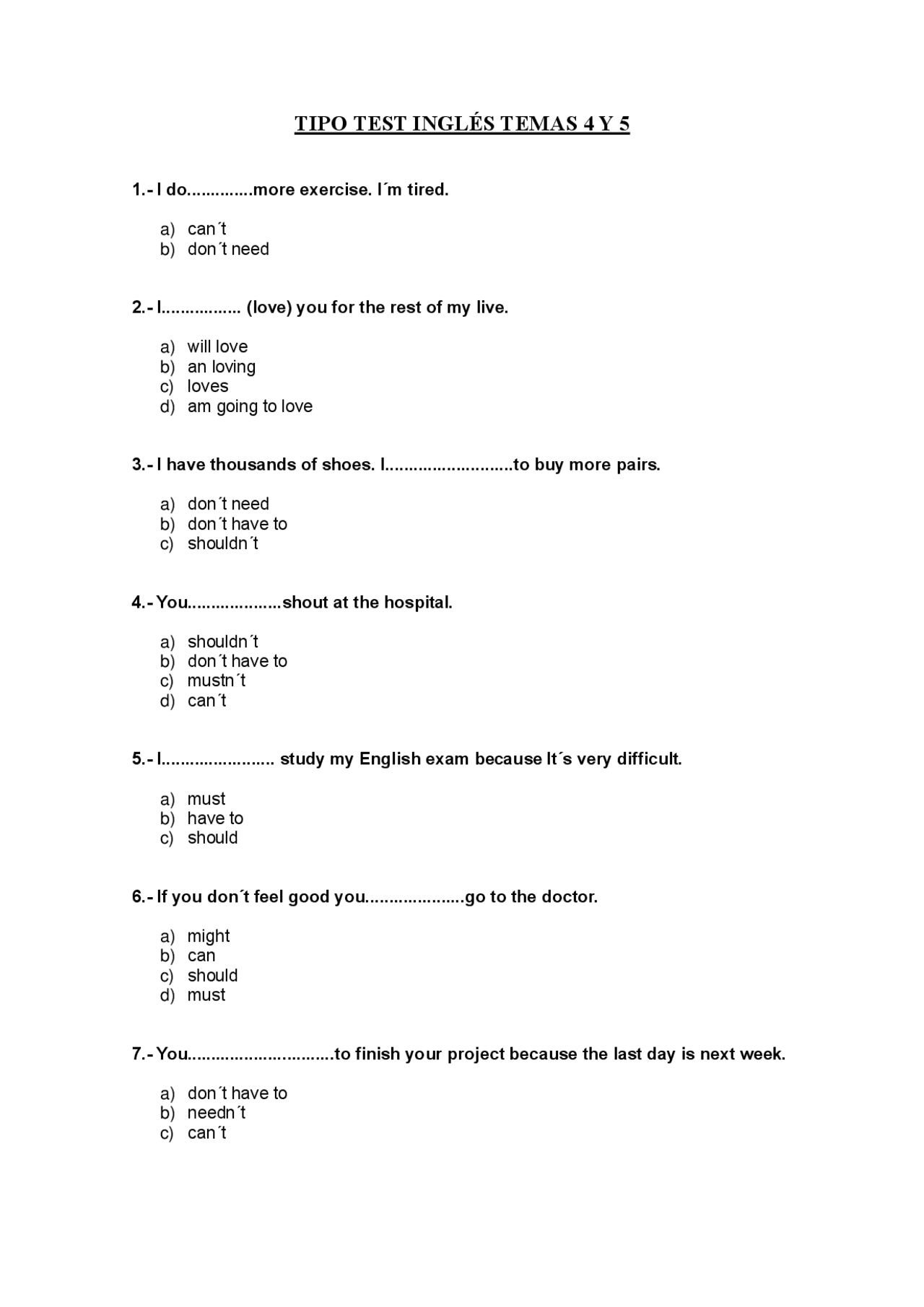 Ingles tipo test tema 4 y 5 - Docsity