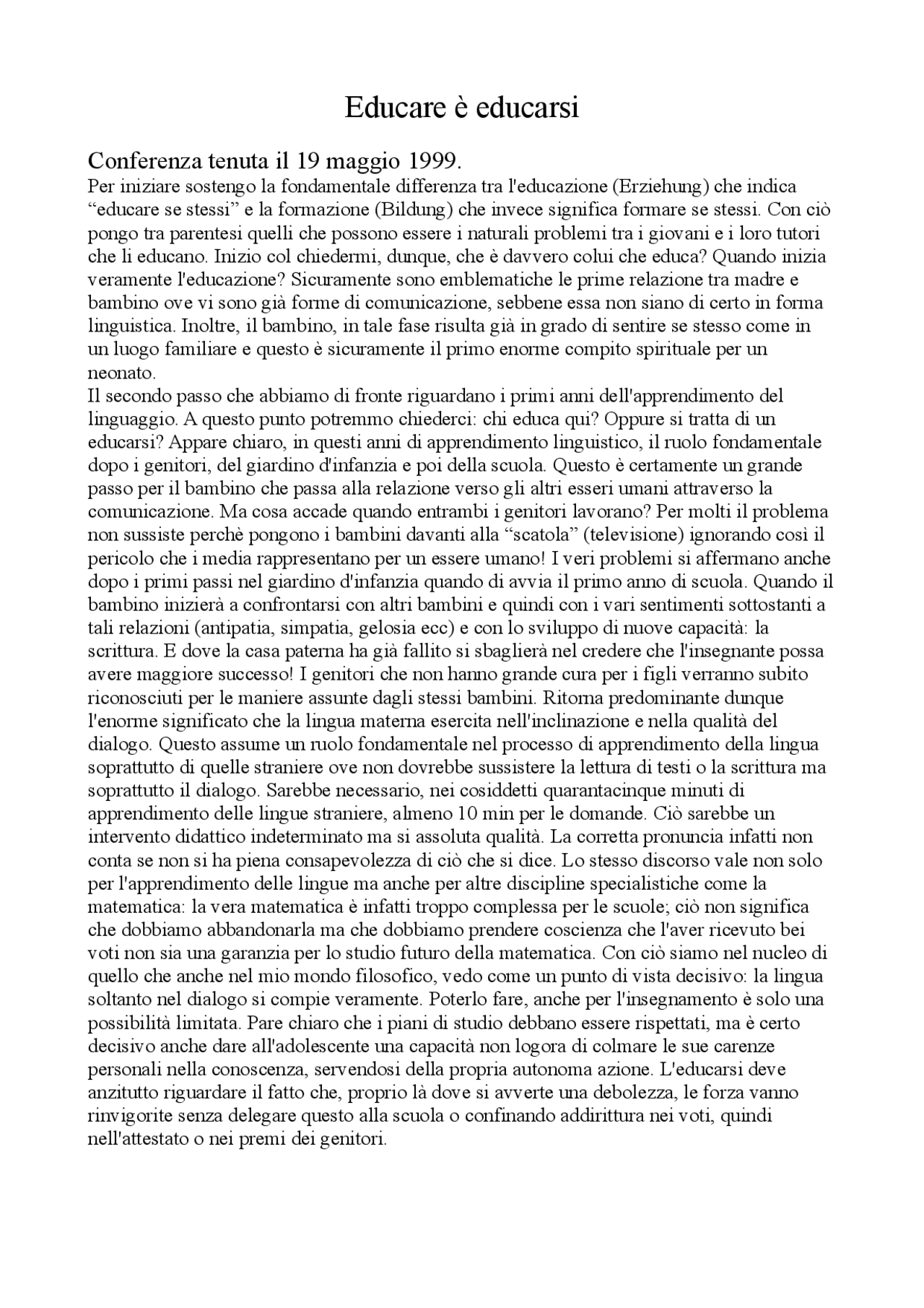 Educare è Educarsi Di Gadamer Docsity