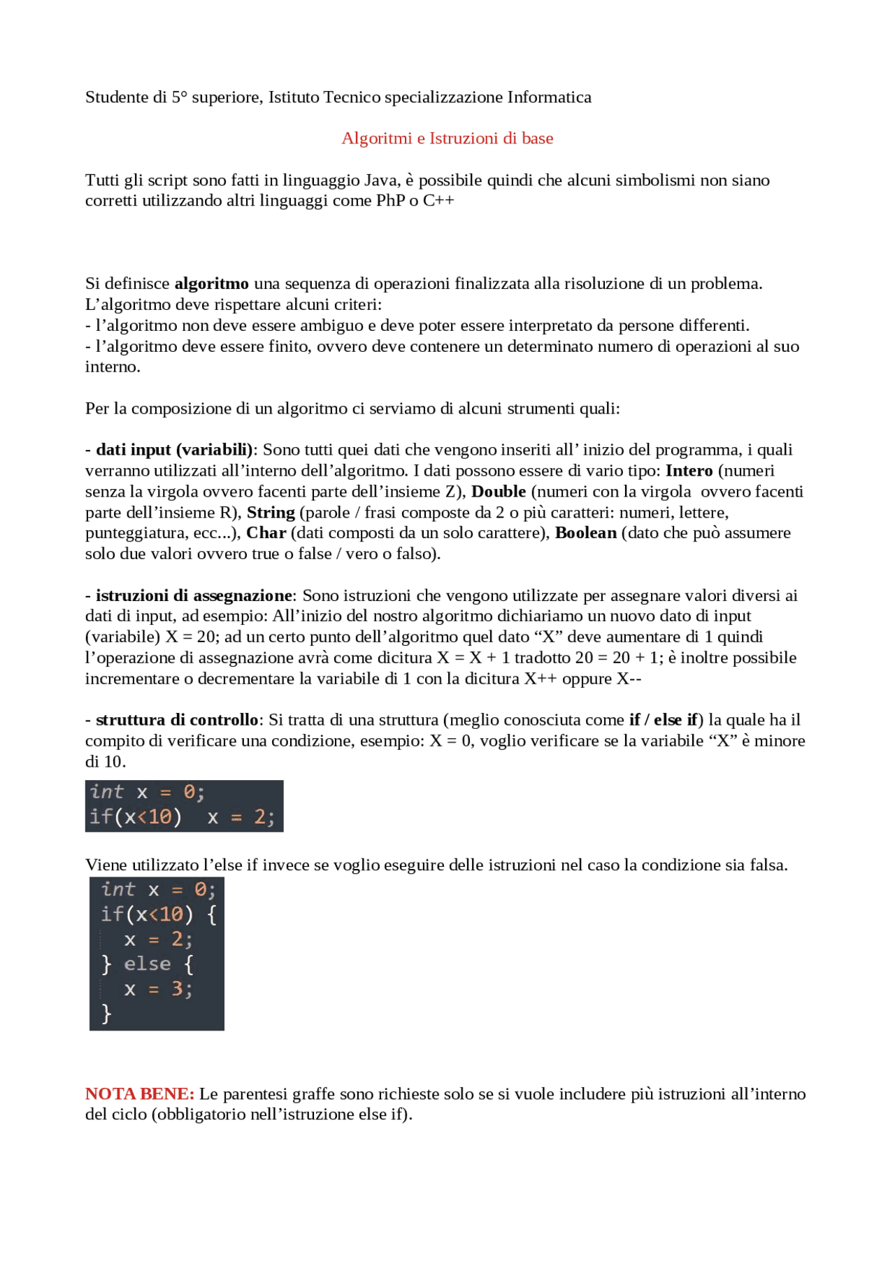 Algoritmi E Istruzioni Di Base Per La Programmazione Docsity