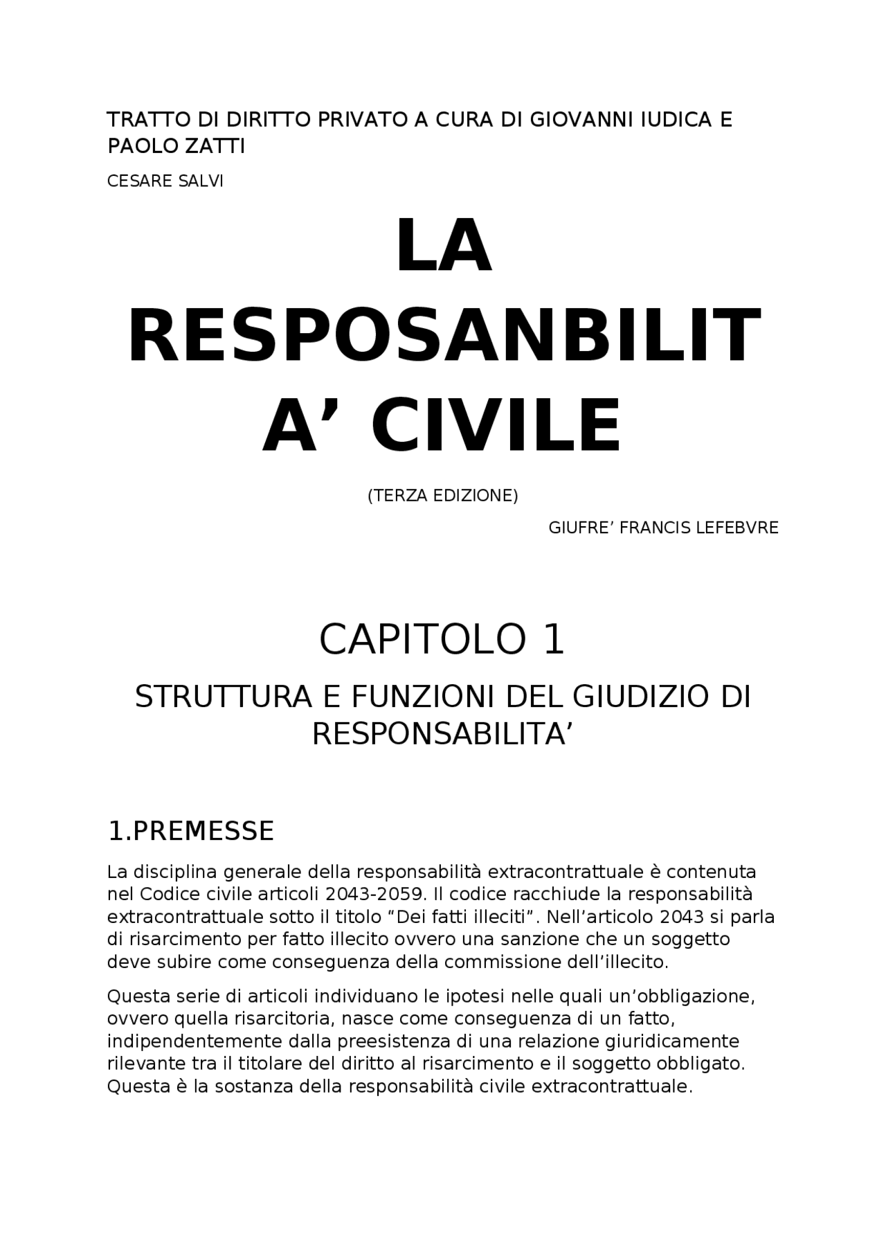 La Responsabilità Civile Di Cesare Salvi Riassunto Docsity