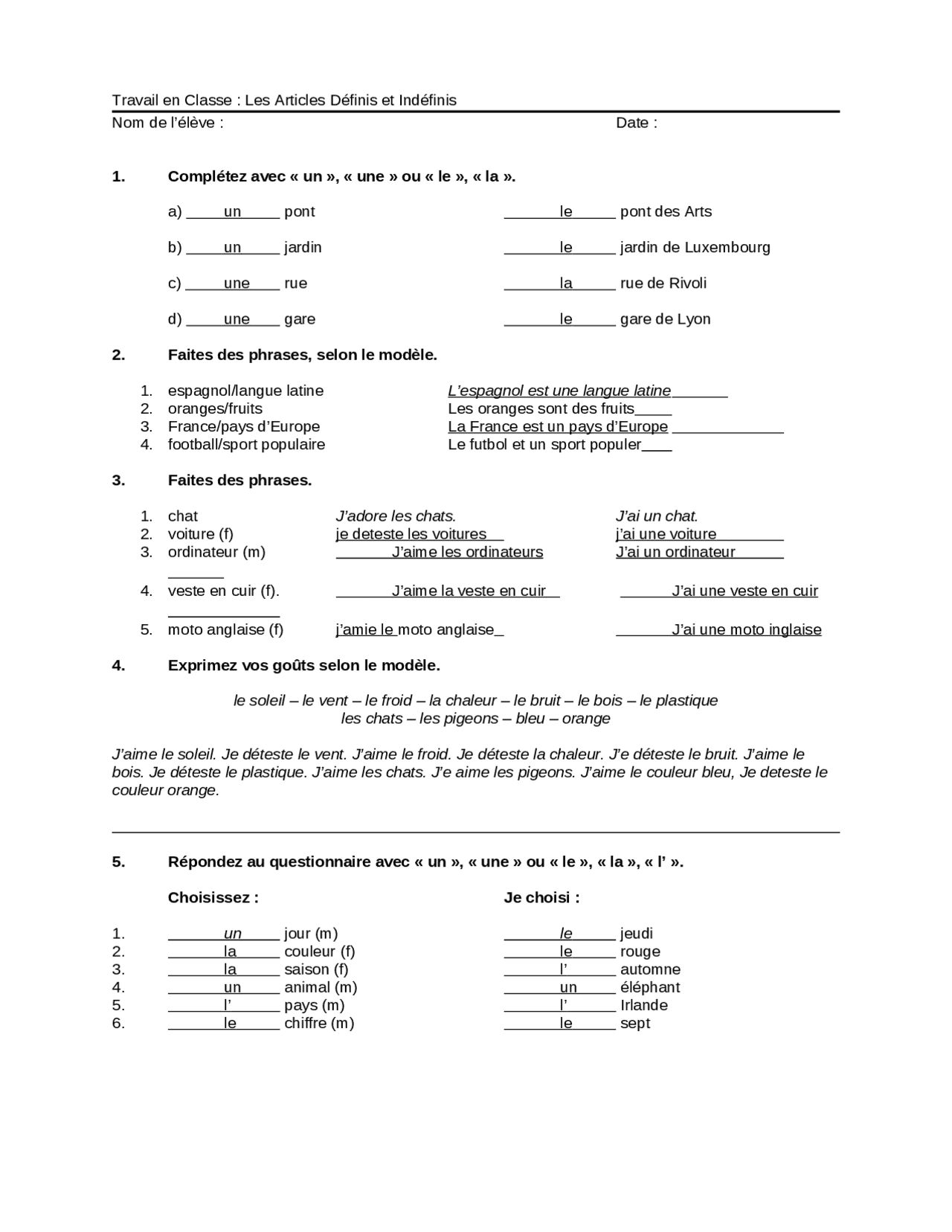 Travail en Classe - Les articles definis et indefinis - Docsity