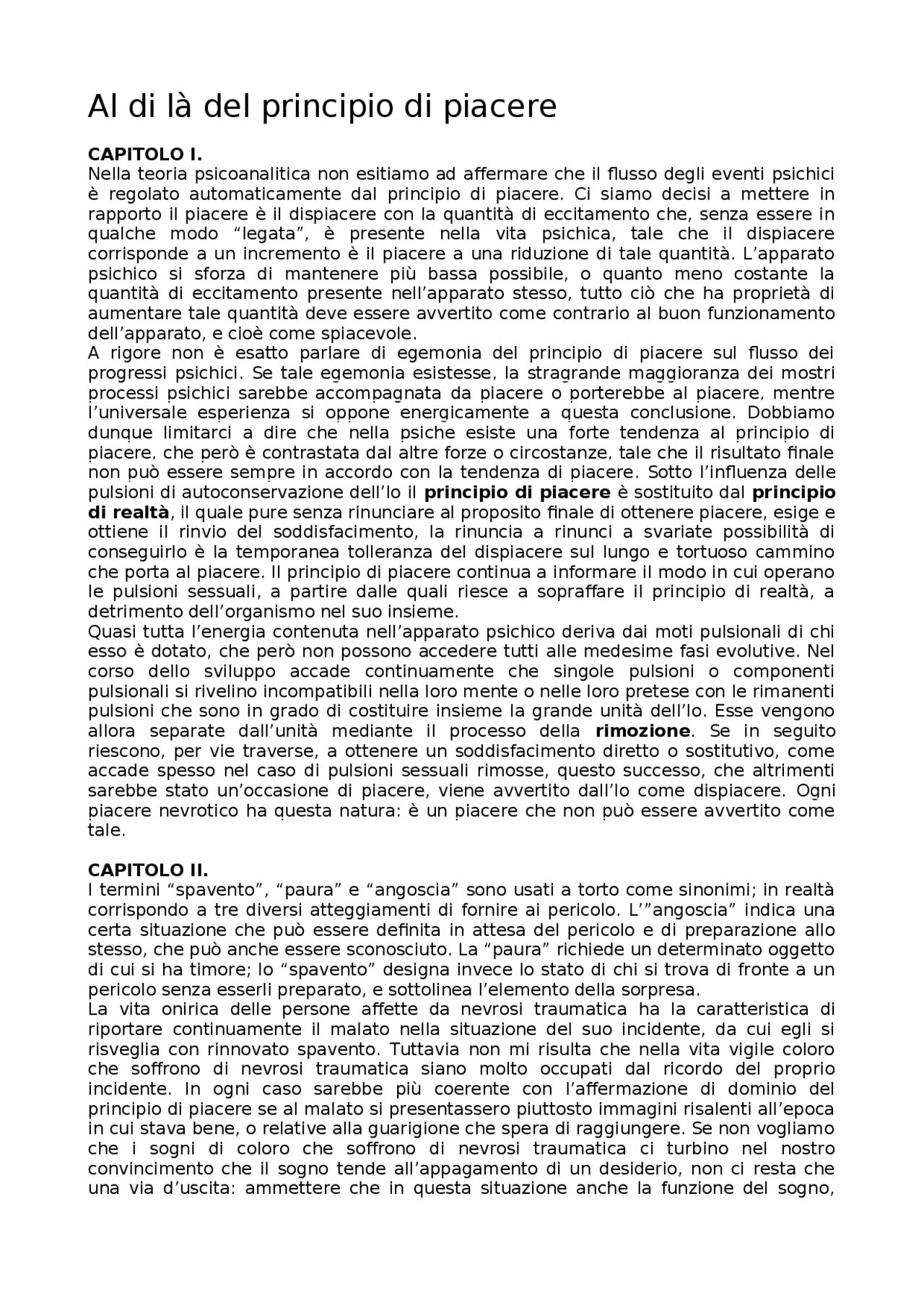 Riassunto Al Di Là Del Principio Di Piacere Docsity
