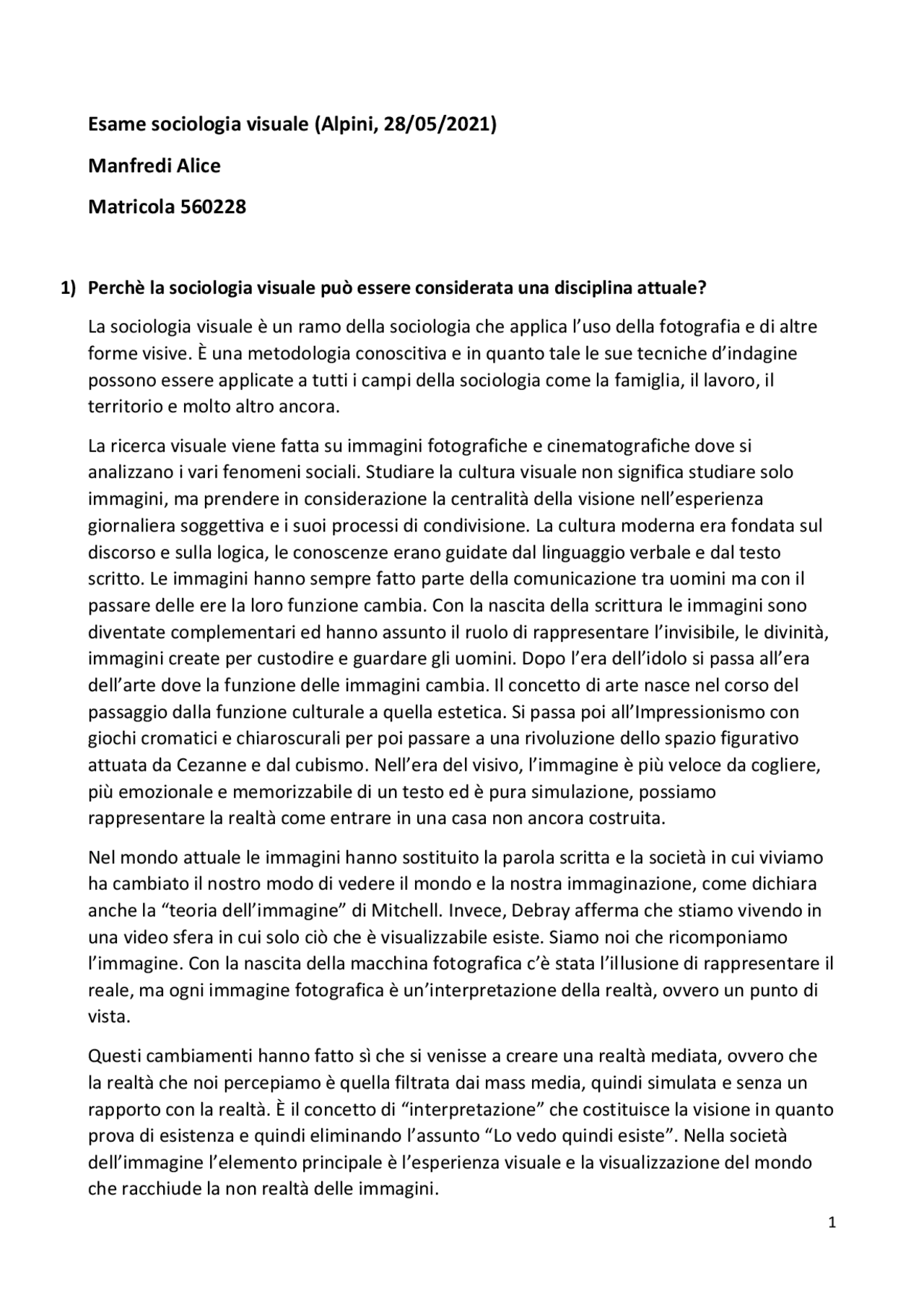 Prova Desame Sociologia Visuale Docsity
