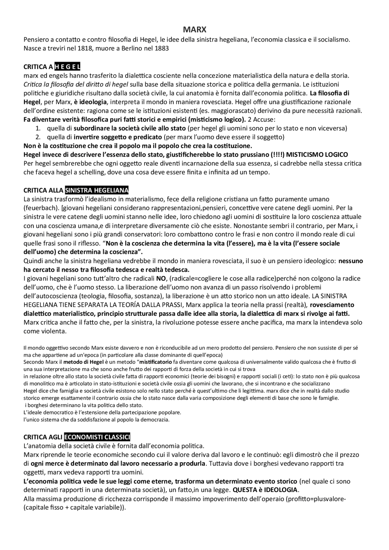 Marx Appunti Sintetici Docsity