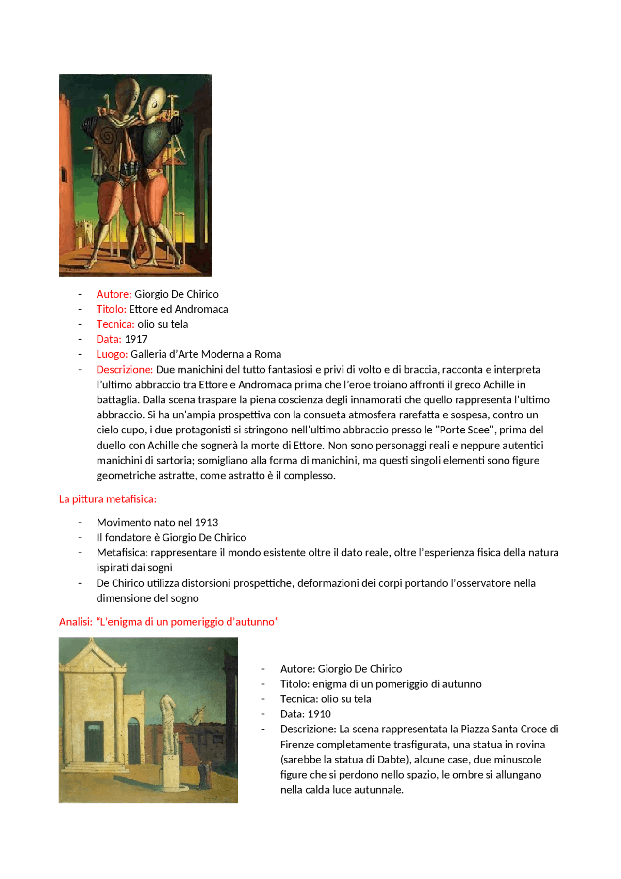 Analisi Delle Opere Di Giorgio De Chirico Docsity