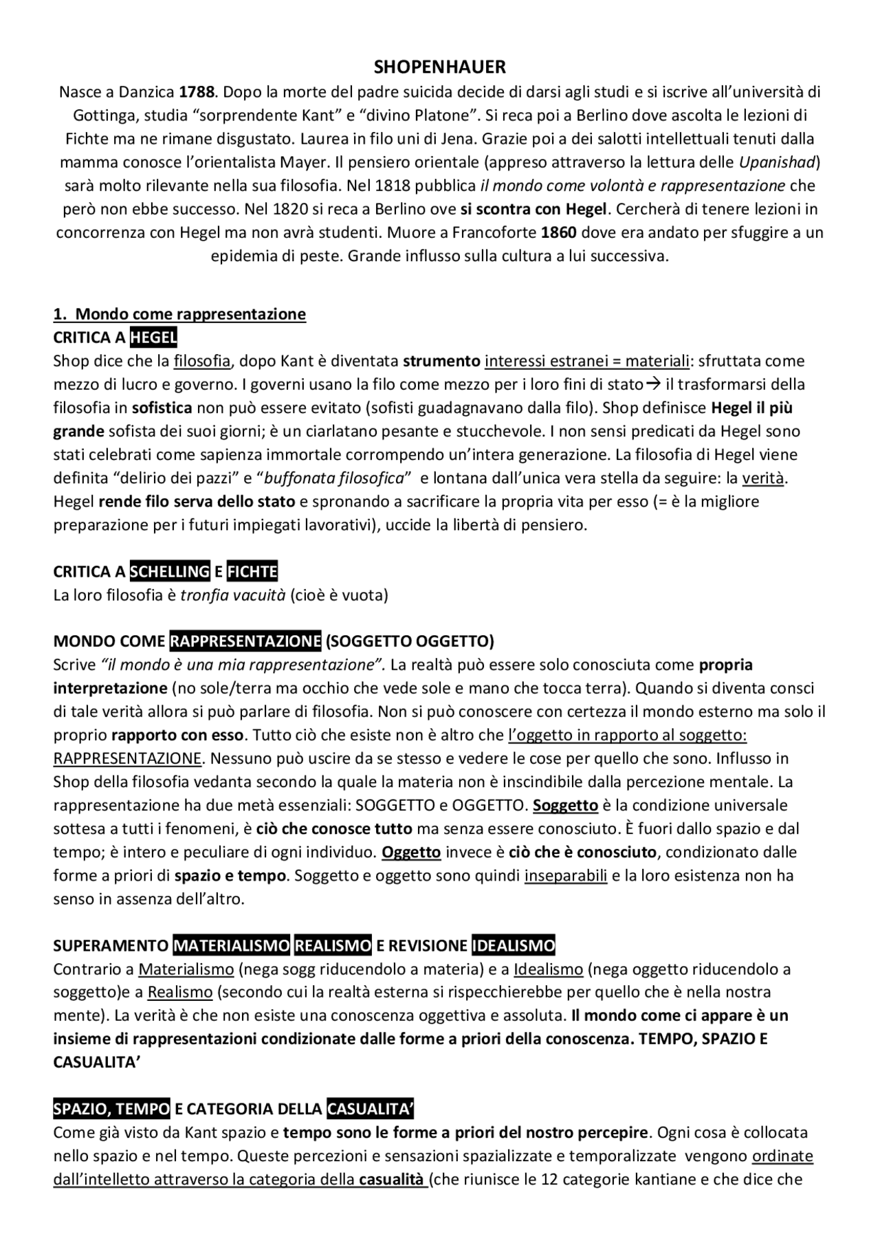 Schopenhauer appunti di quinta superiore - Docsity