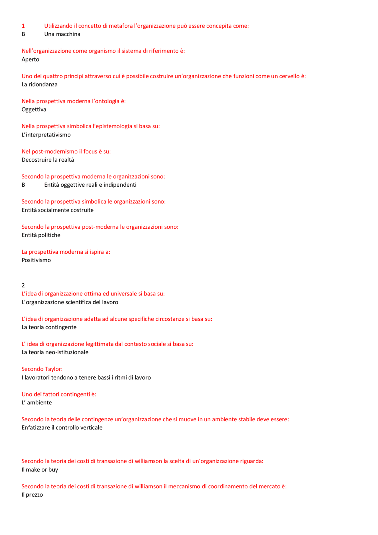 Organizzazione Aziendale Test Prove Di Esame Docsity