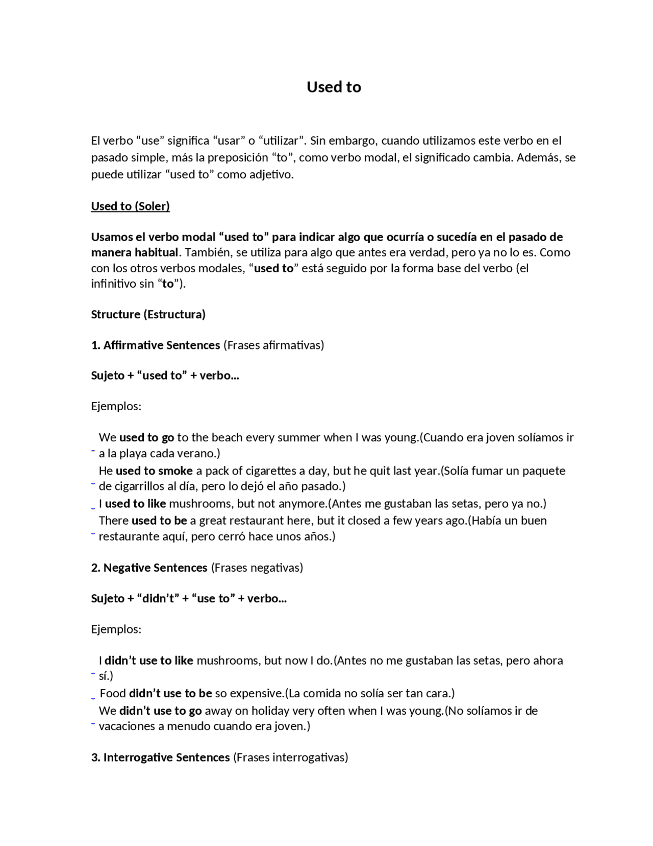 Uso de used to: grammar and notes - Docsity