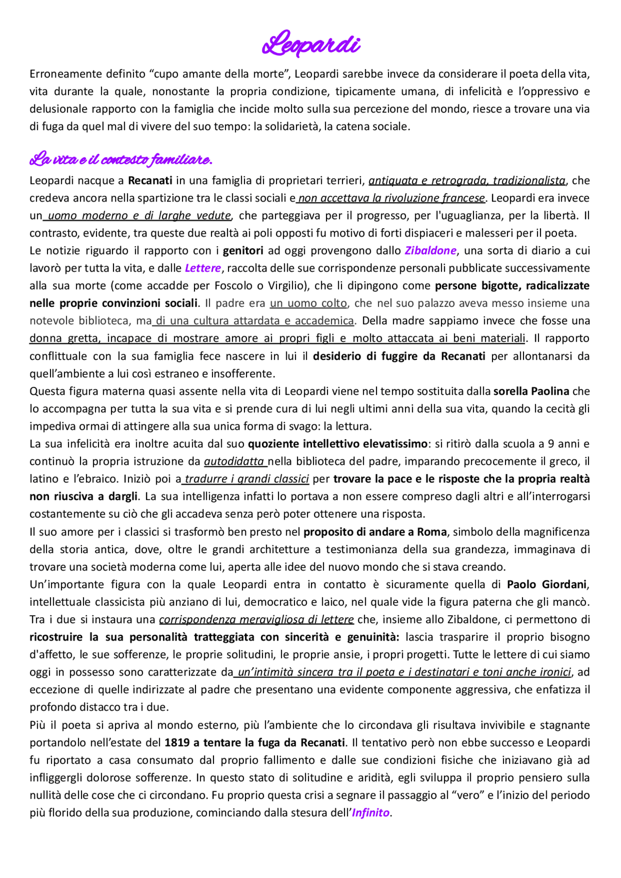 Leopardi Vita Pensiero Opere Docsity
