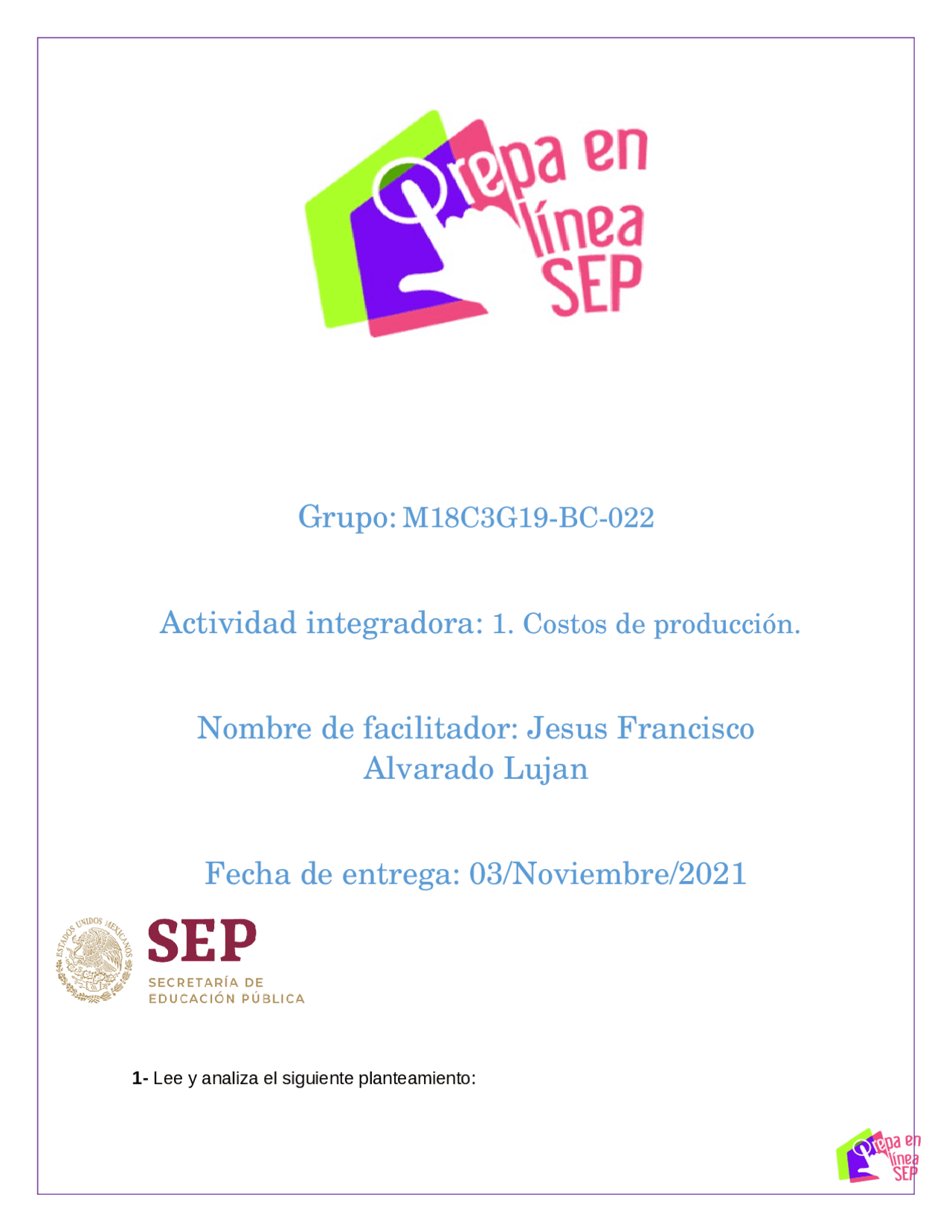 Actividad Integradora 1 Costos De Producción Docsity