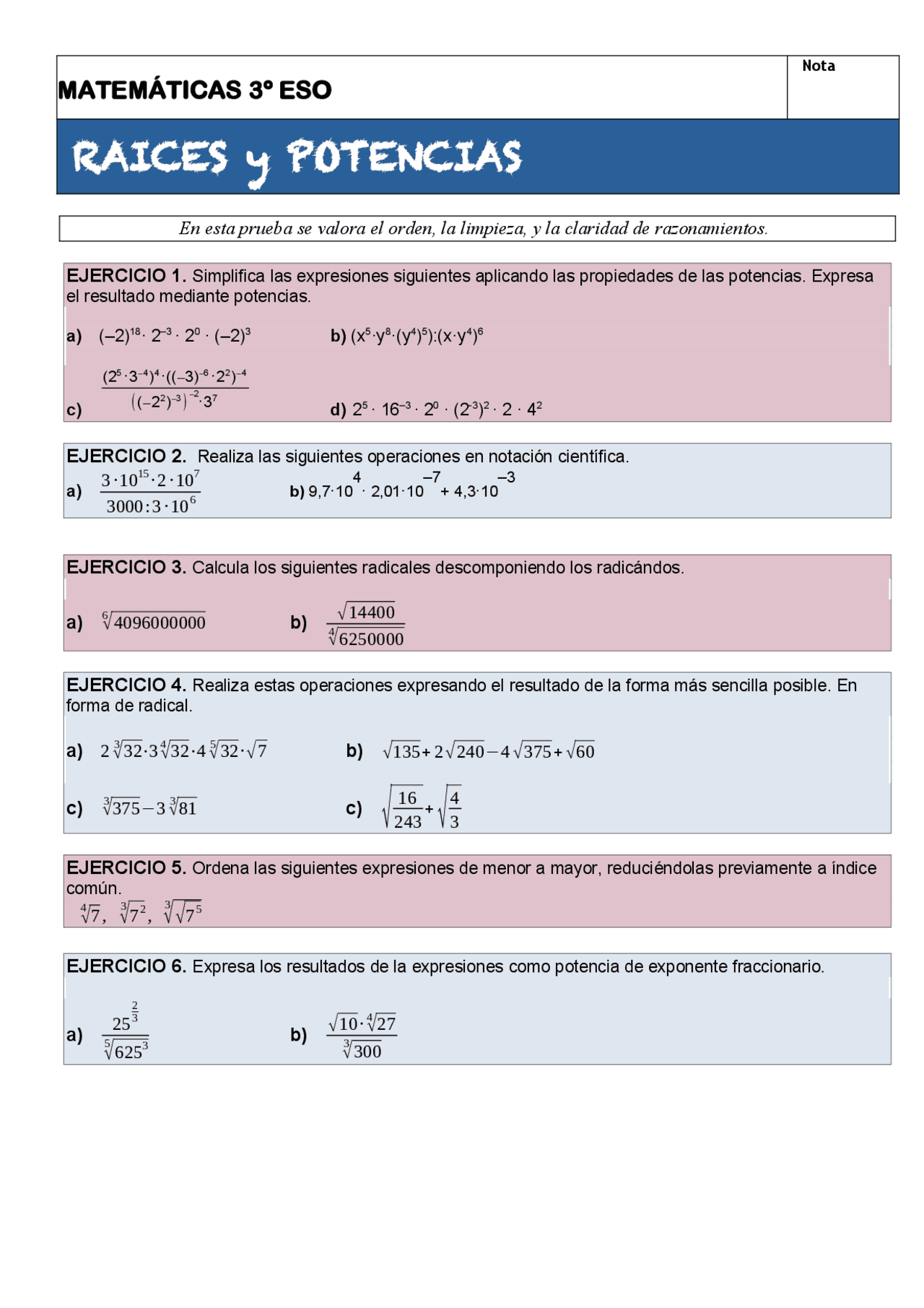EXAMEN RAÍCES Y POTENCIAS 3 ESO | Exámenes de Matemáticas Orientadas a las Enseñanzas Académica ...