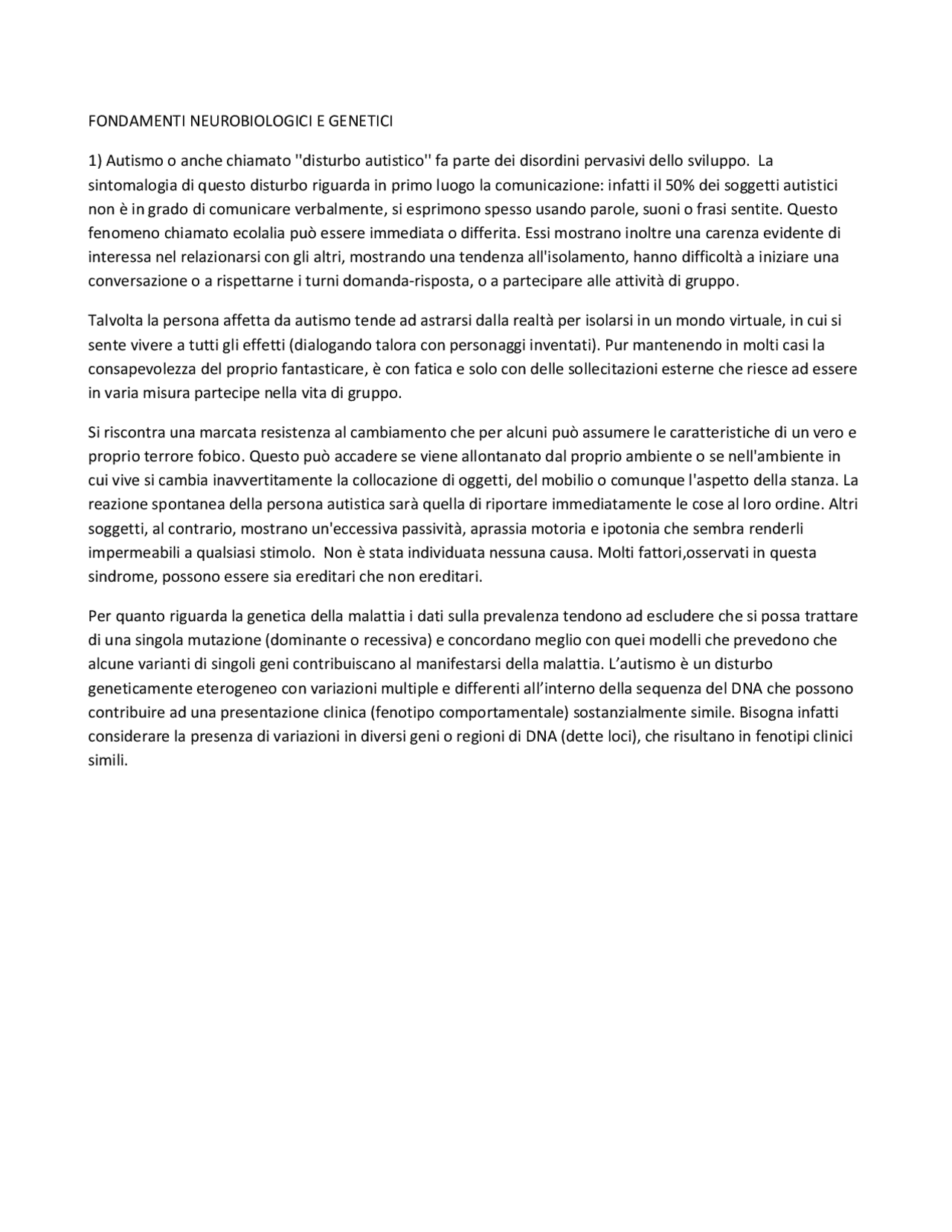 Appunti Sullautismo Guide Progetti E Ricerche Di Biologia Docsity