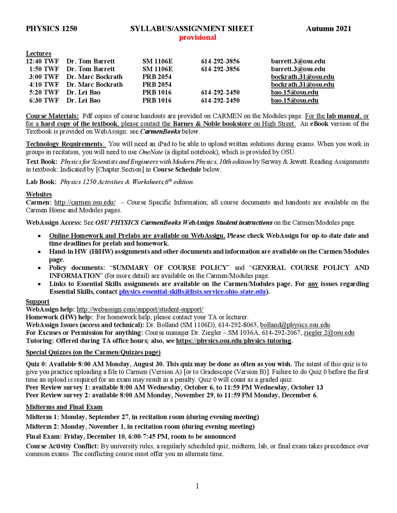 PHY 1250 Syllabus OSU Columbus - Docsity