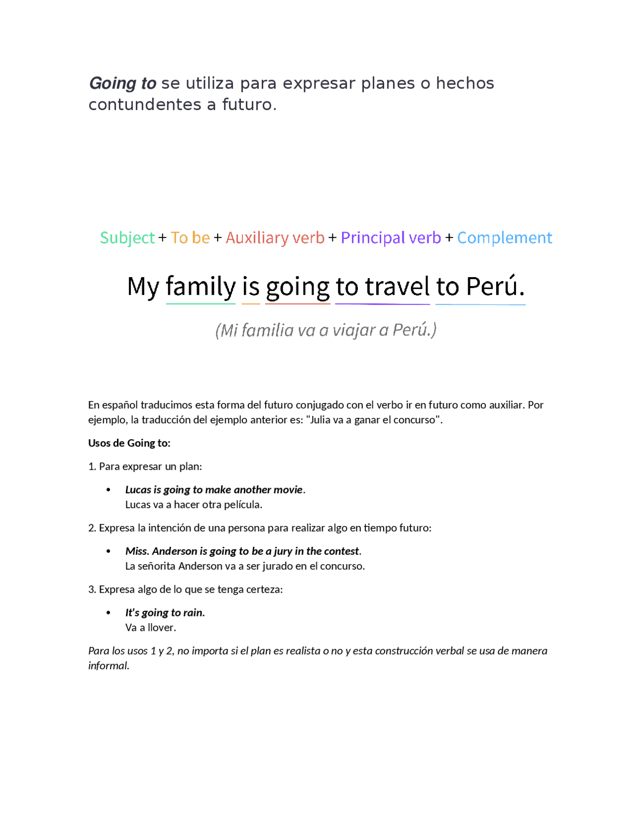 Going to: grammar and notes - Docsity