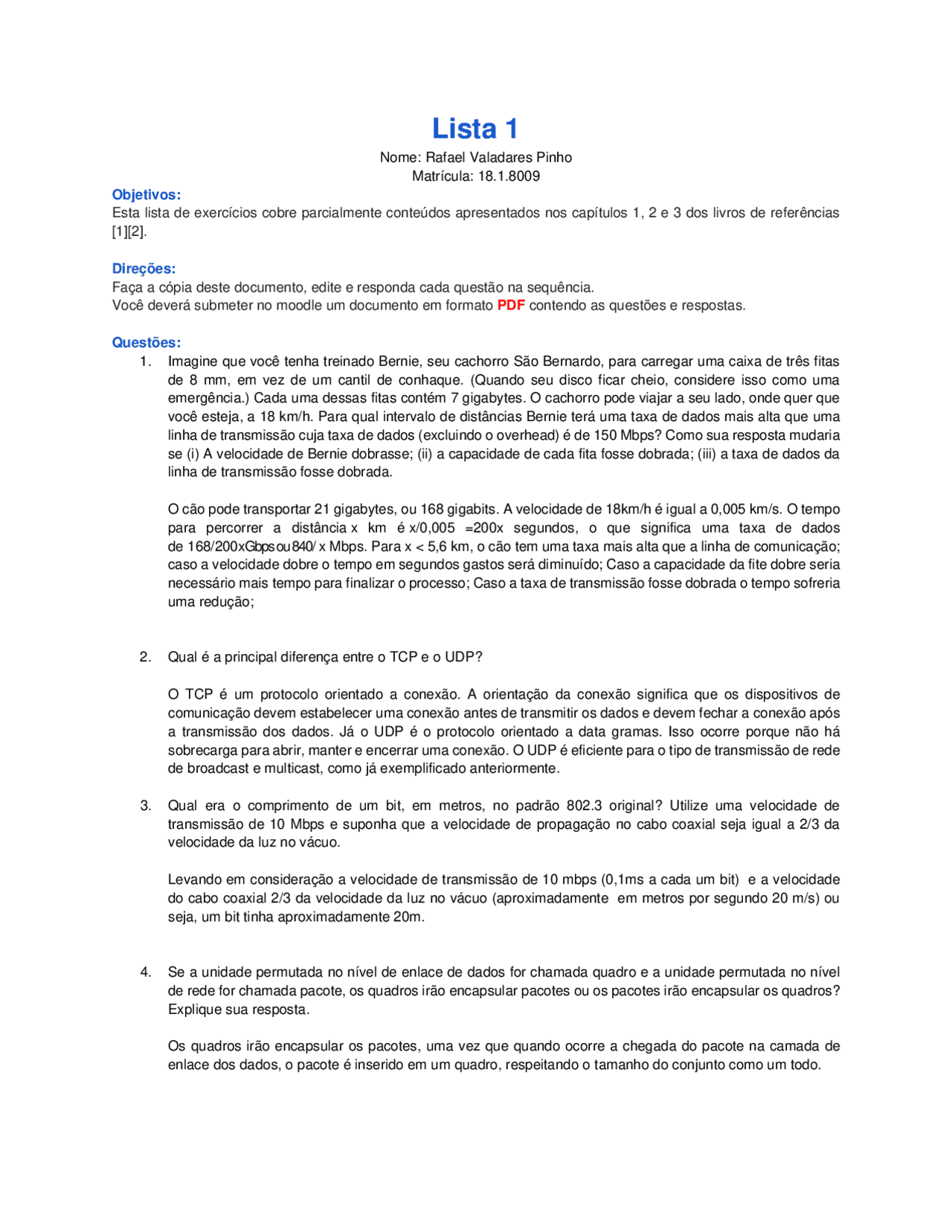 Primeira Lista De Exercícios Da Matéria De Redes De Computadores Docsity
