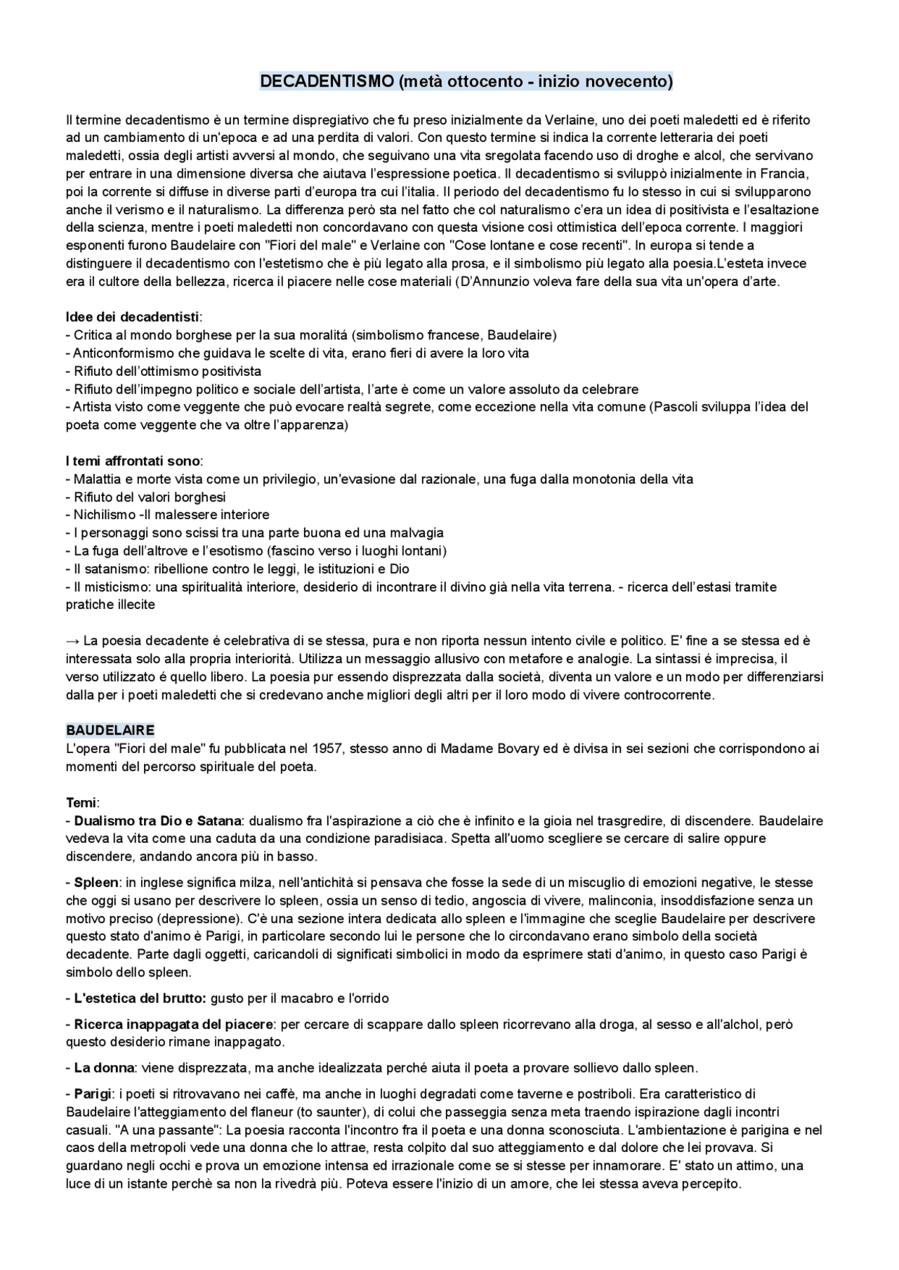 Il Decadentismo Baudelarie Temi Affrontati Docsity