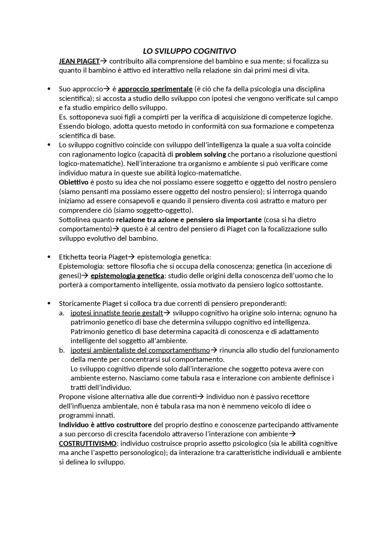 Lo Sviluppo Cognitivo Docsity