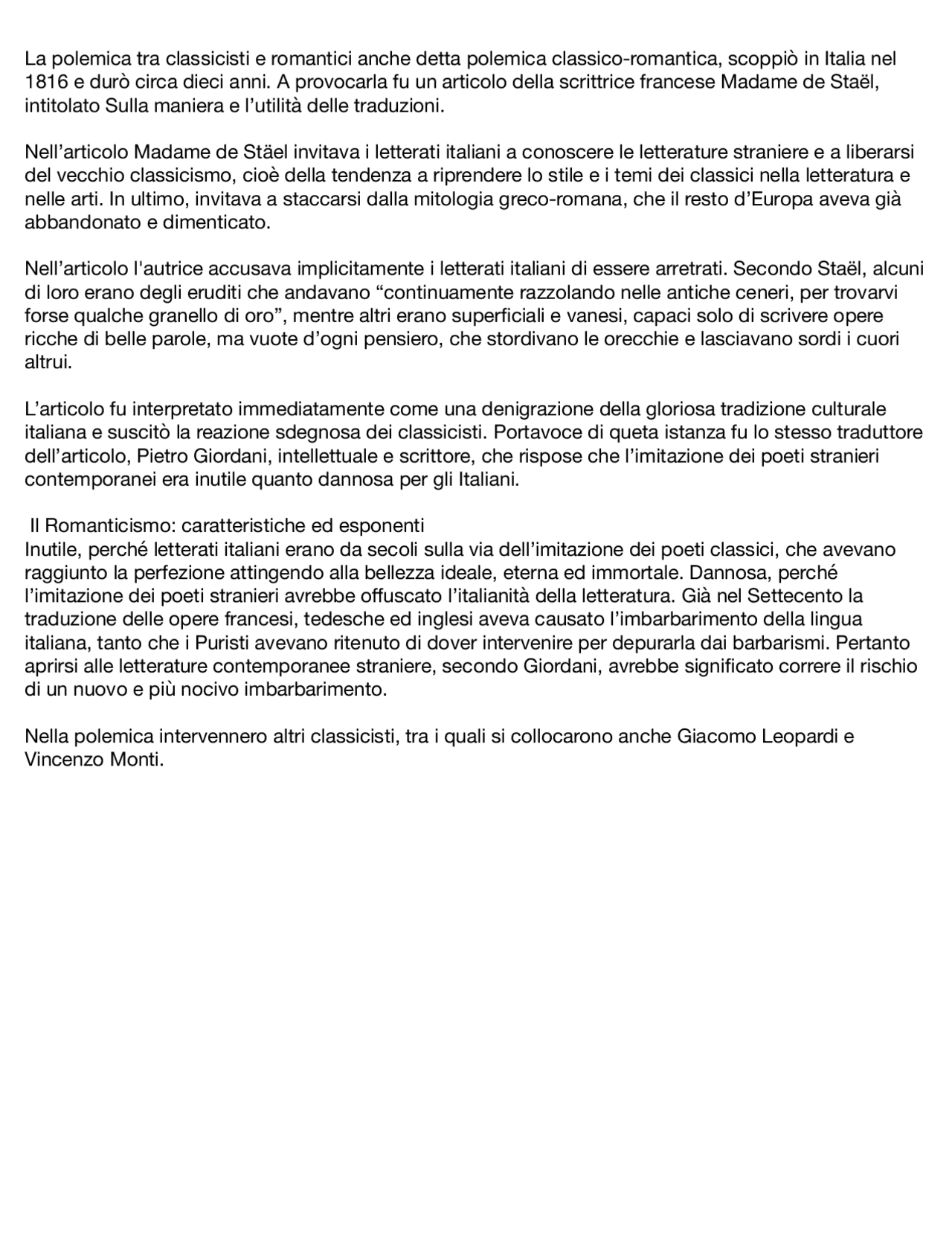 Appunti Sulla Polemica Classico Romantica Docsity