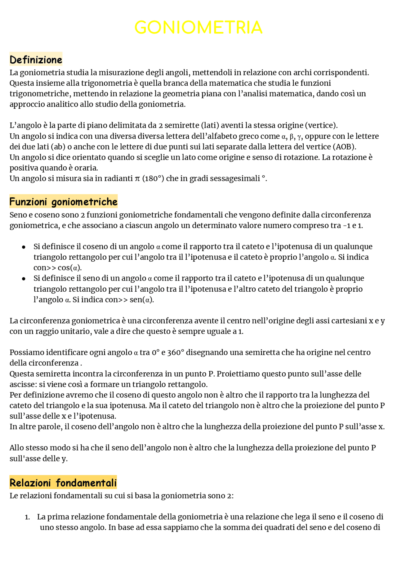 Goniometria E Trigonometria Appunti Di Matematica Docsity