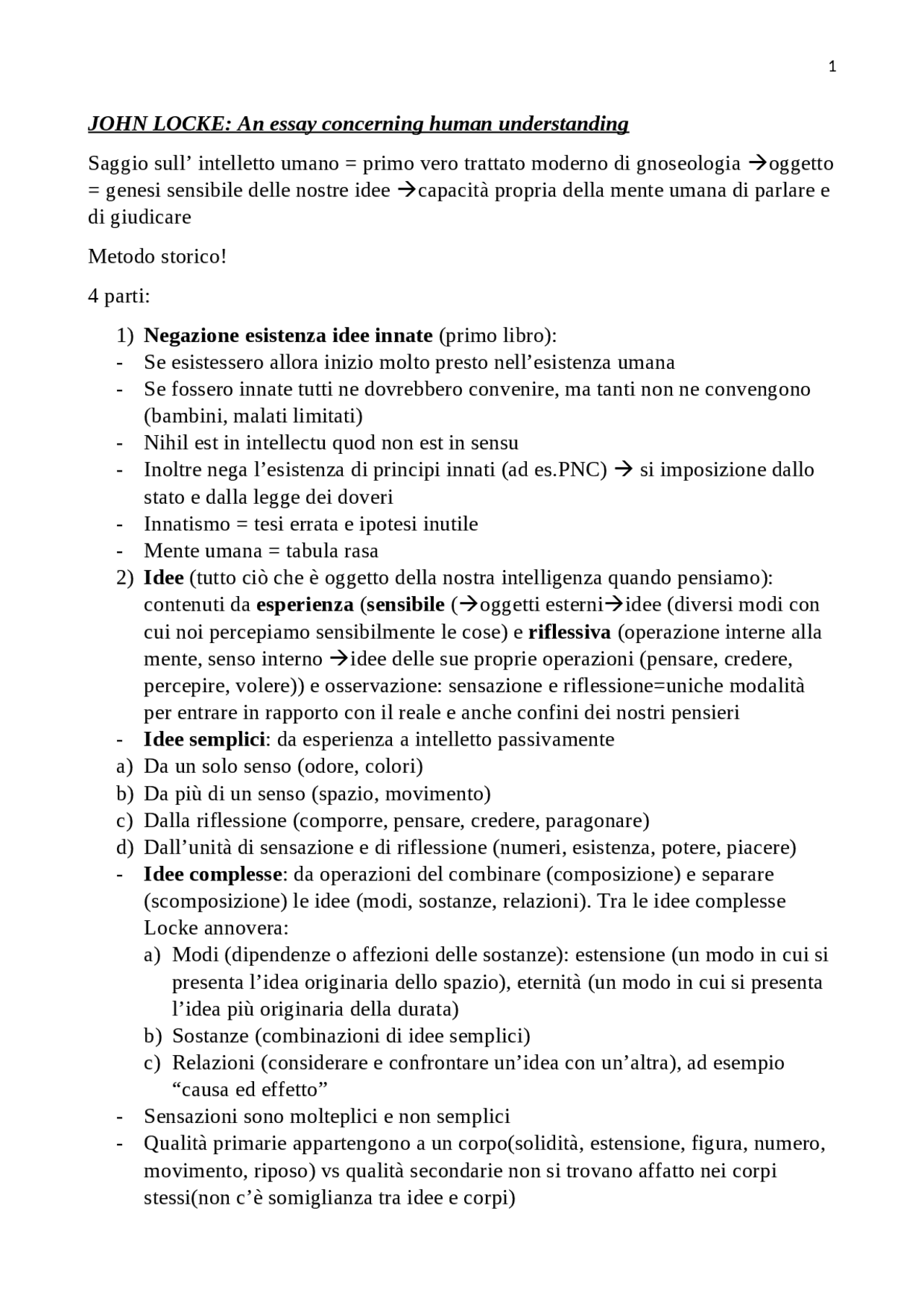 Riassunto Schematico Locke Docsity