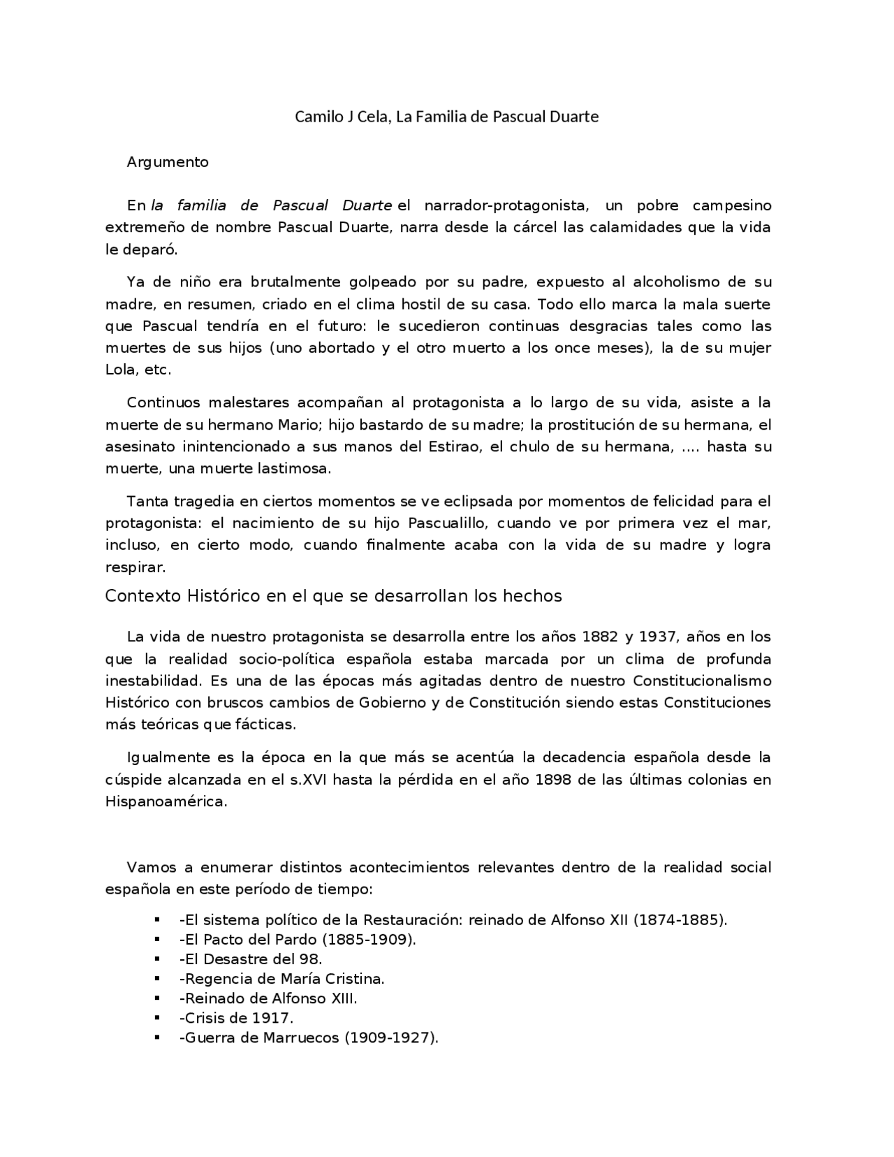 La Familia De Pascual Duarte Summaries Storytelling Docsity