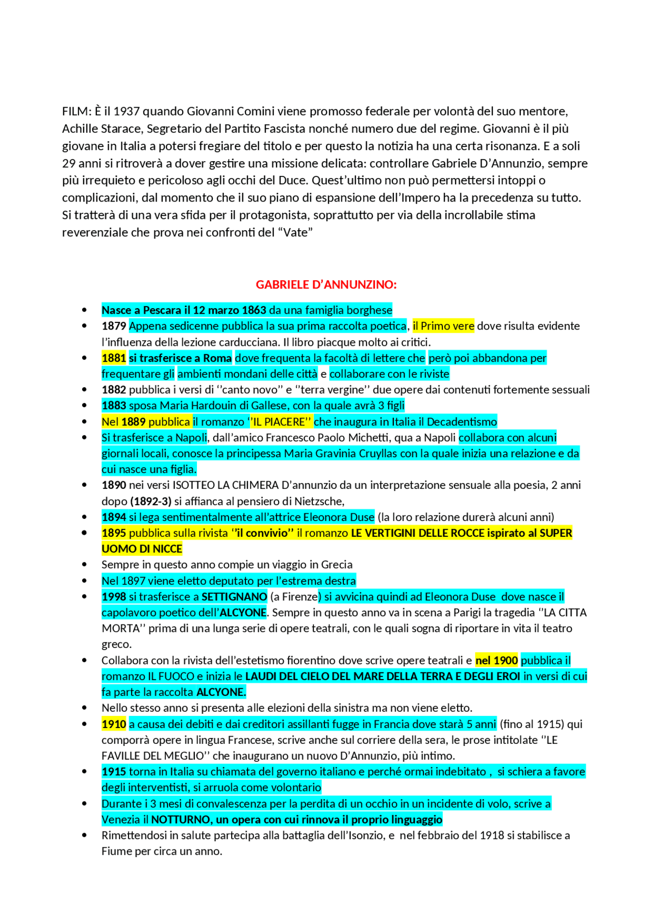Vita Di Dannunzio Opere Contesto Docsity