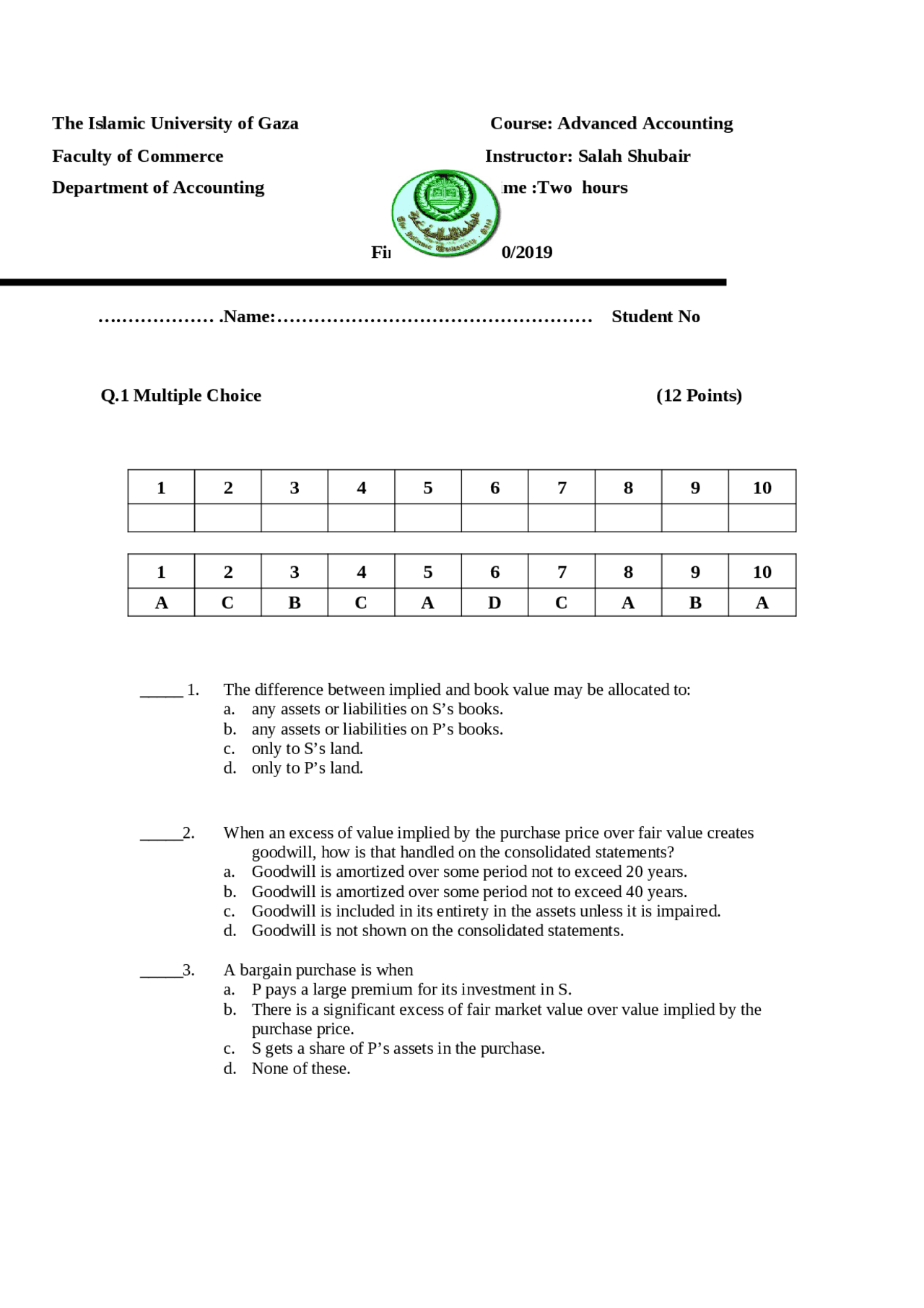 Advanced Accounting Final Exam 2020 Docsity