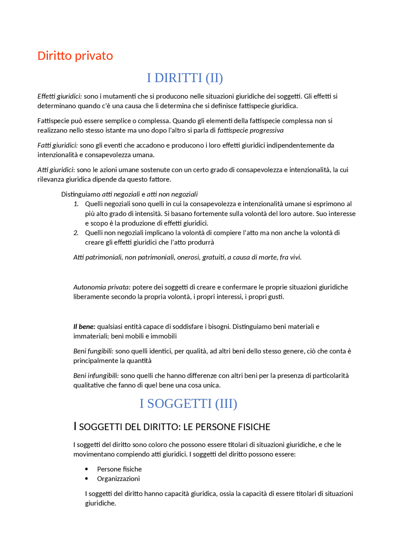 Riassunto Diritto Privato Diritti E Soggetti Docsity