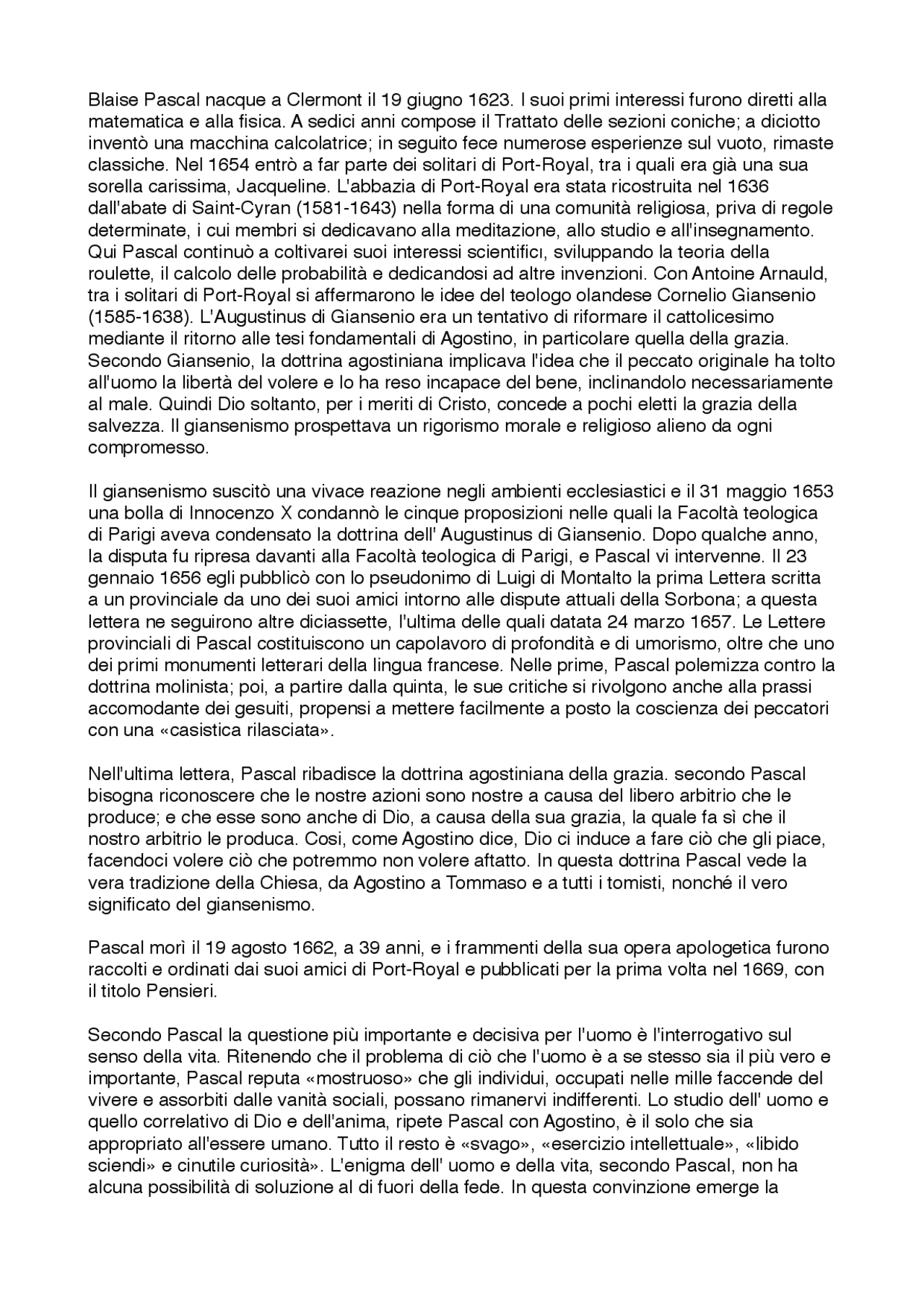 Pascal Vita E Opere Riassunto Docsity