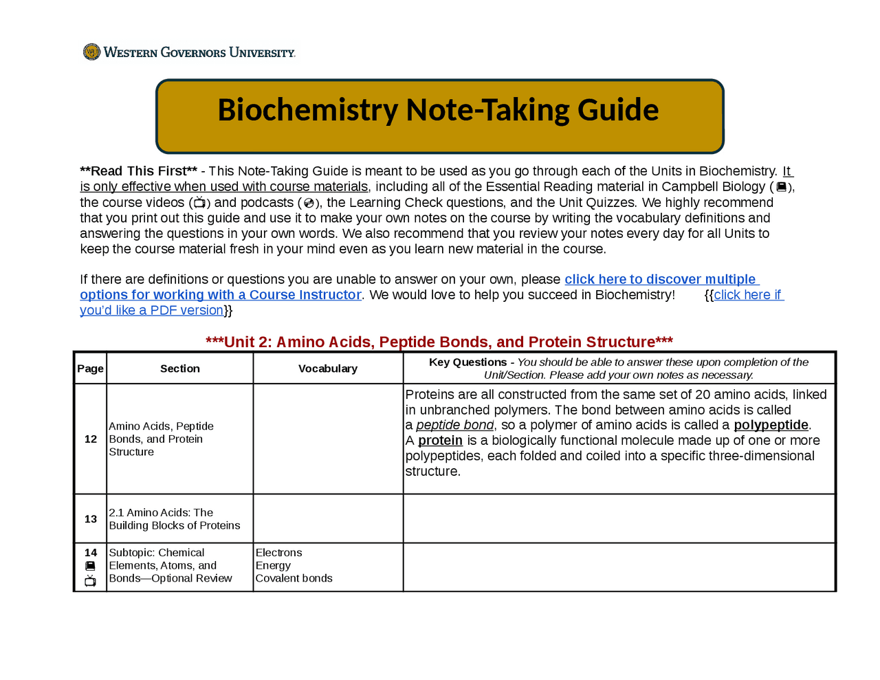BIOCHEMISTRY C785Biochemistry Note-Taking Guide - Docsity