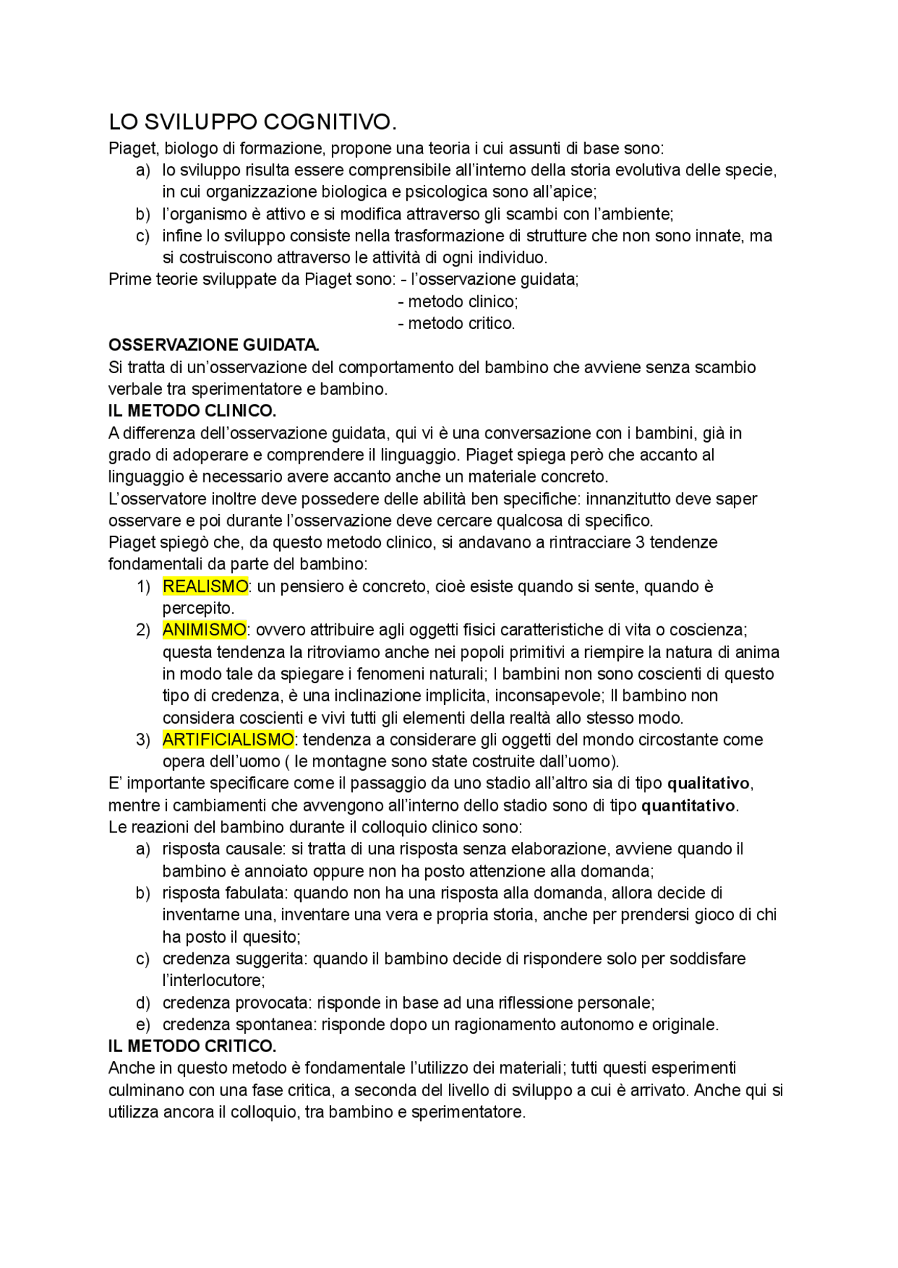 Lo Sviluppo Cognitivo Docsity